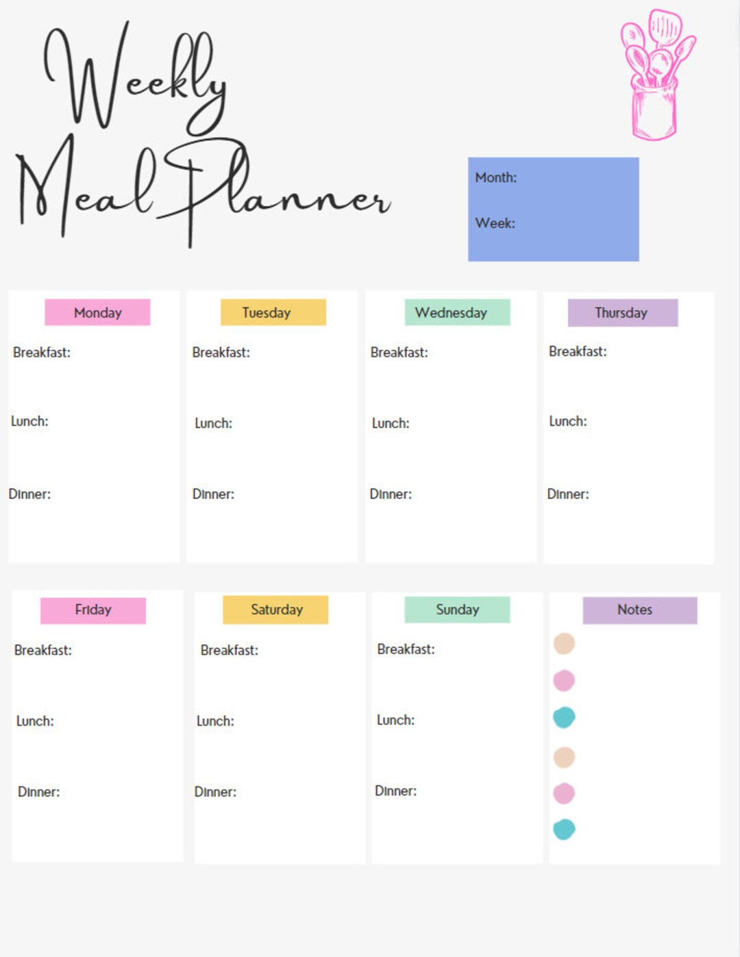 Printable Weekly Menu and Grocery List - Etsy