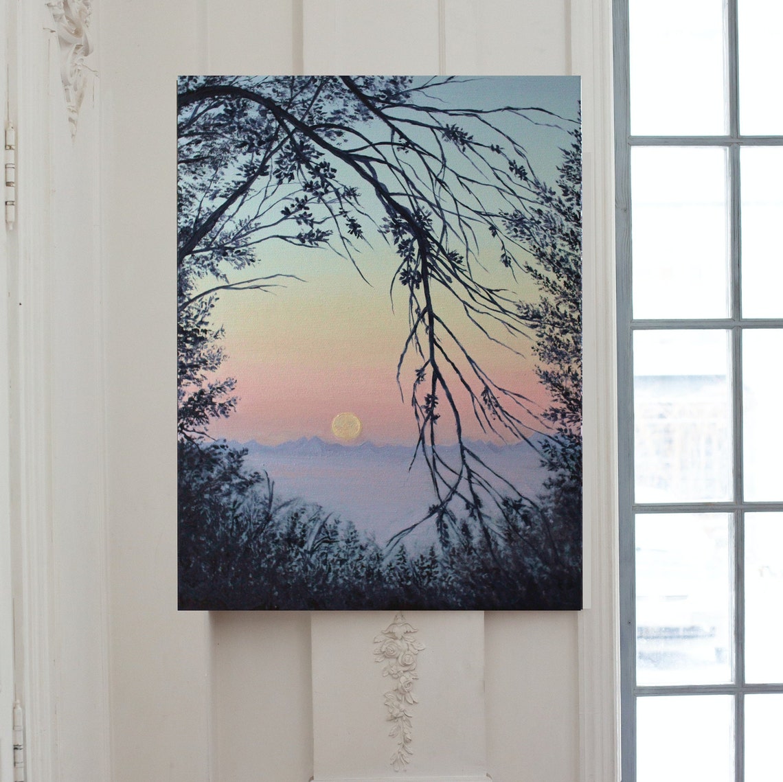 Original Oil Moonset Painting on Canvas Moon, Dusk, Fine Art Landscape ...