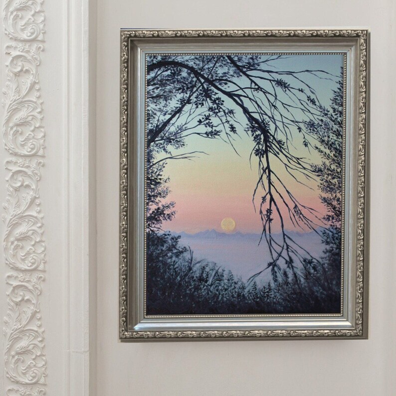 Original Oil Moonset Painting on Canvas Moon, Dusk, Fine Art Landscape ...
