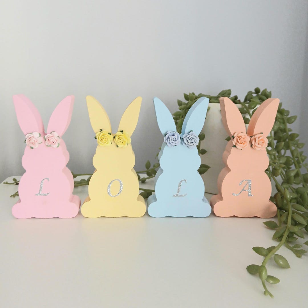 Freestanding Flower Bunnies, Personalised, Pastel Décor, Wooden, Girls ...