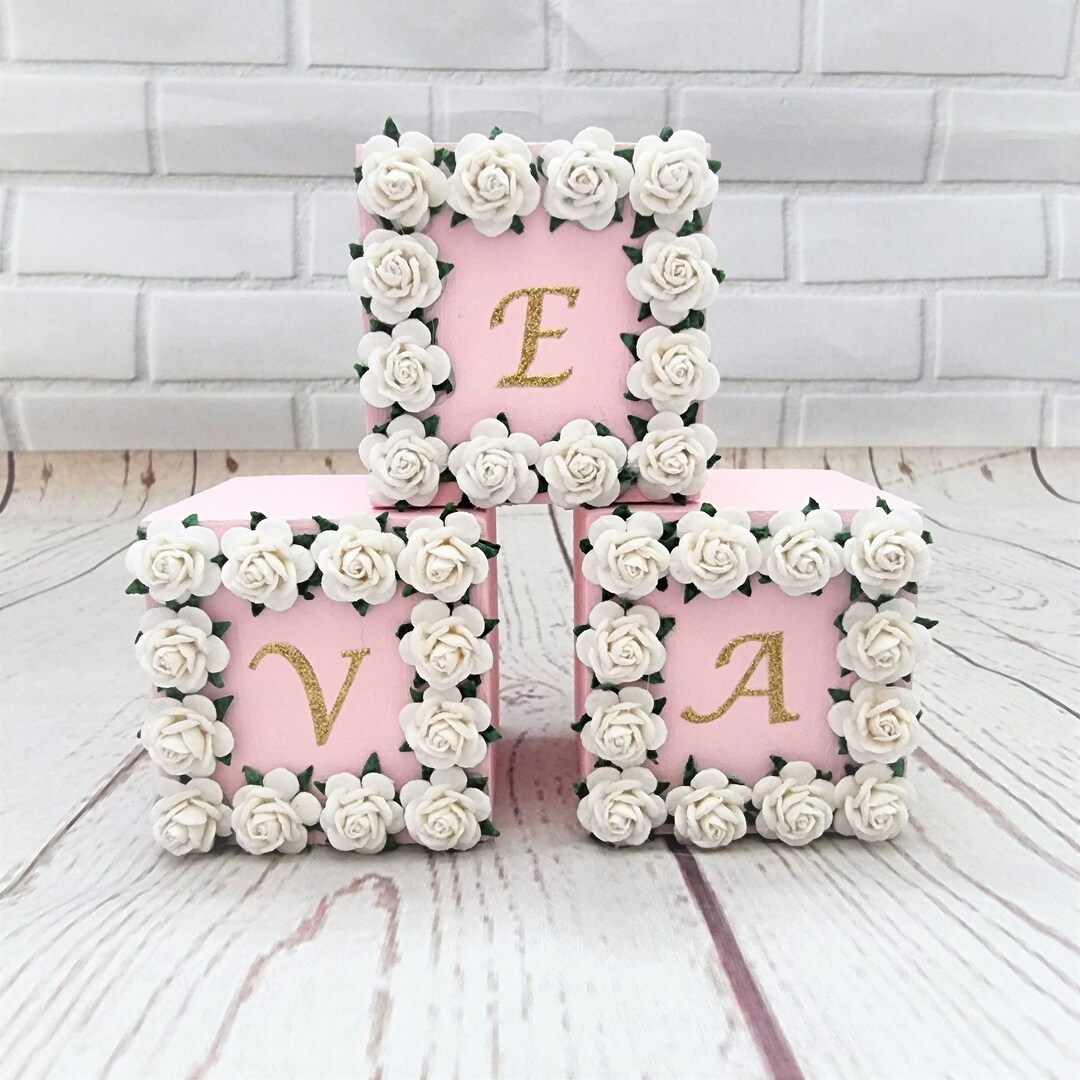 Personalised Name Blocks, Cubes ,wooden, Flowered, Girls Shelf Décor ...