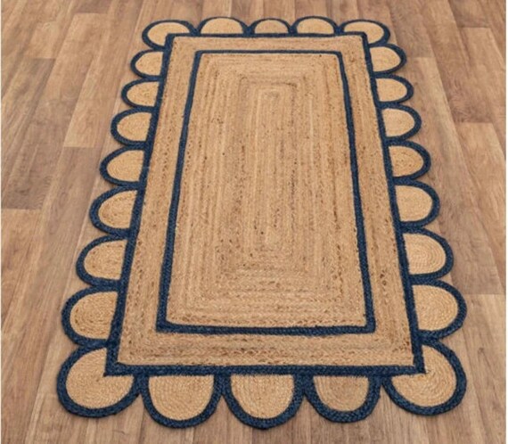 Floor & Rugs Home & Living Blue Jute Scallop Boho Decor Handmade Rug ...
