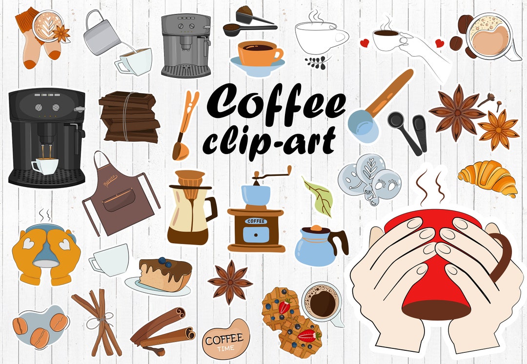 Coffee Clipart Set, Beans Clipart, Coffee Mugs Clipart, Coffee Grinder ...