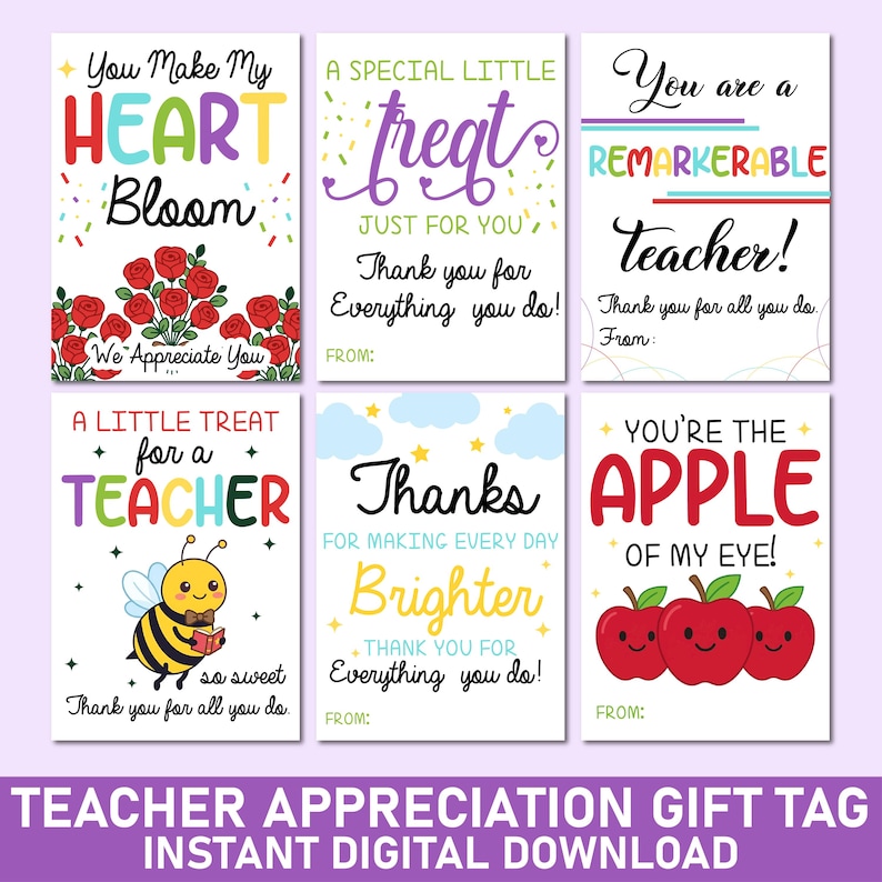 Teacher Appreciation Gift Tags, Colorful Designs, Thank You Teacher ...