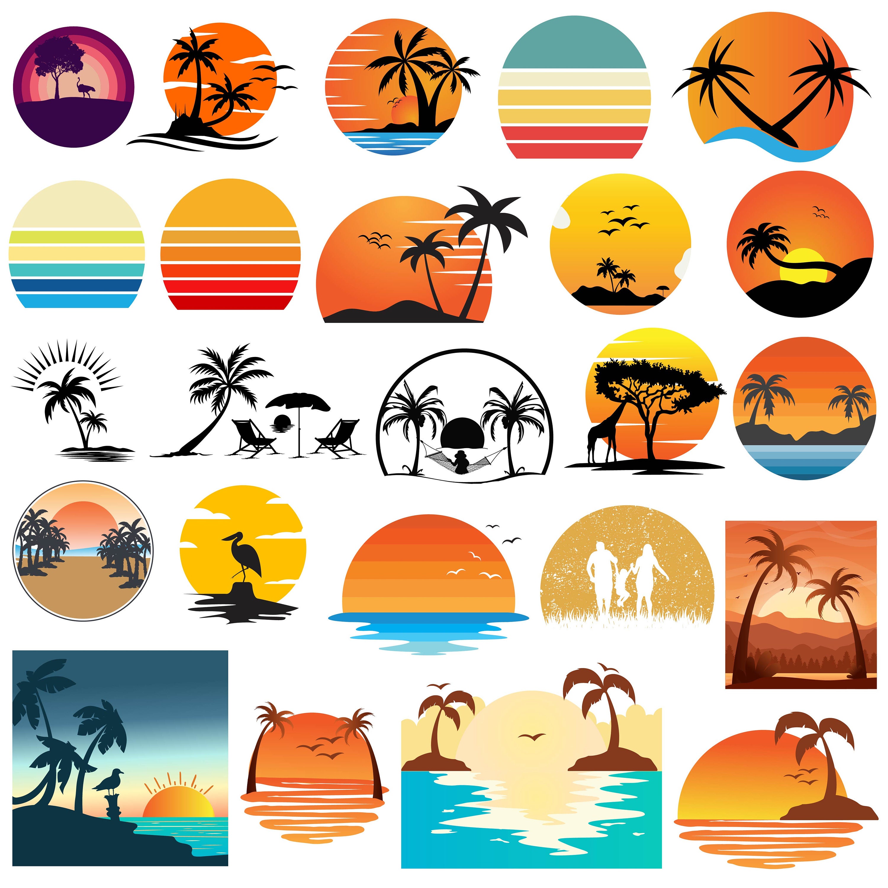 Sunset SVG Bundle, Retro Vintage Sunset Clipart, Beach Palm Trees ...