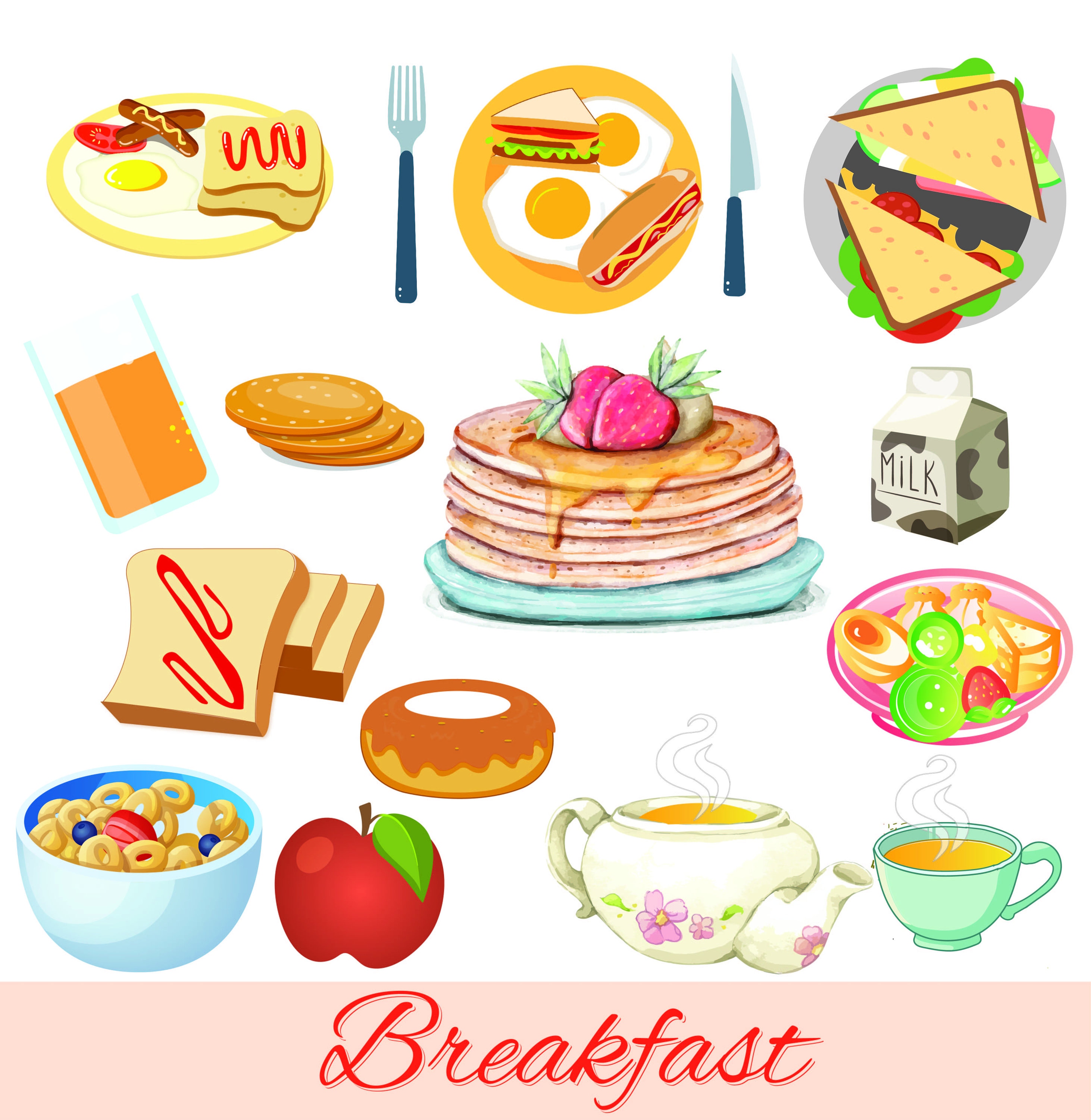 Cute Breakfast Clipart, Food Illustration, Breakfast Graphic, Pancake ...