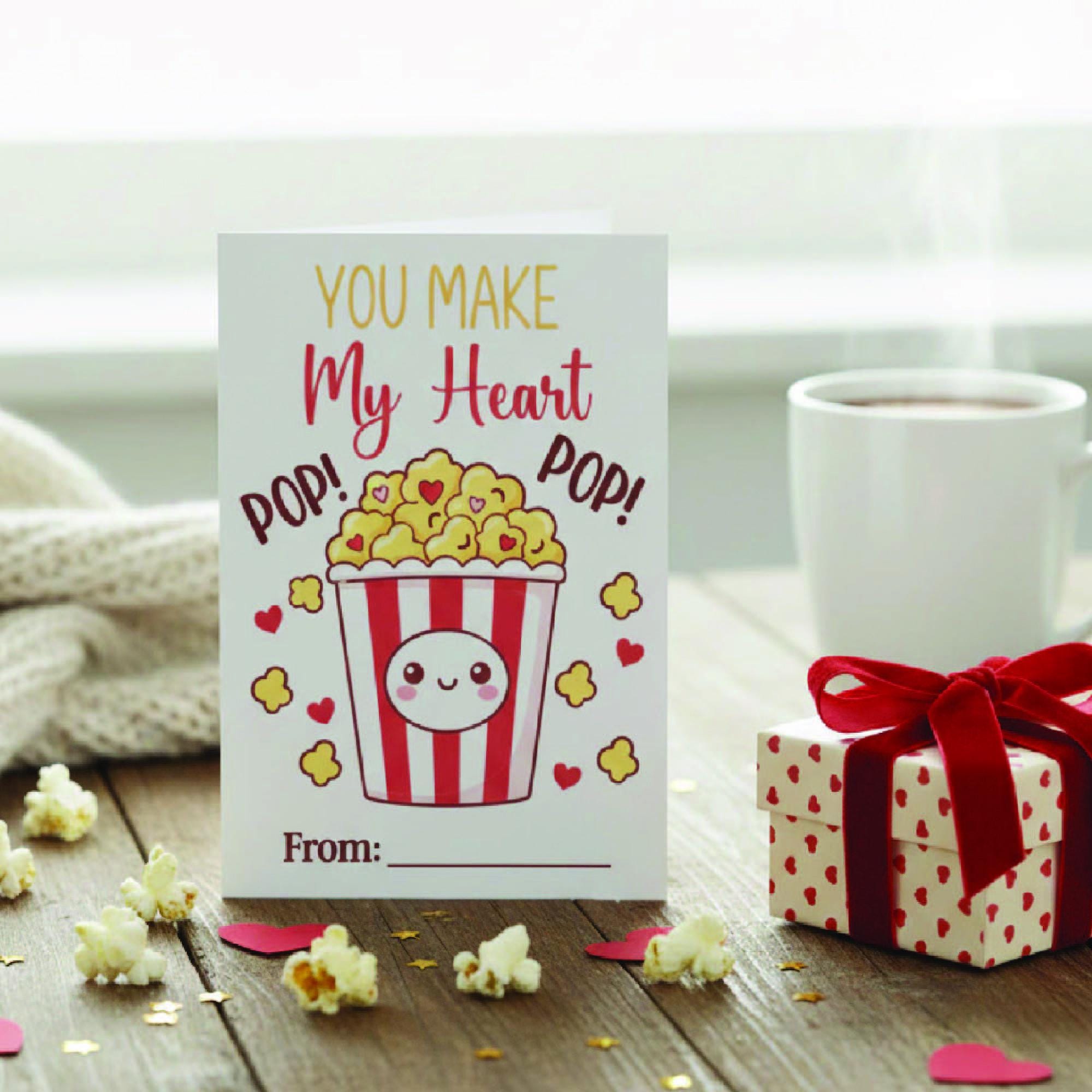 Popcorn Valentine Cards Printable, Funny Puns Classroom Valentines for ...