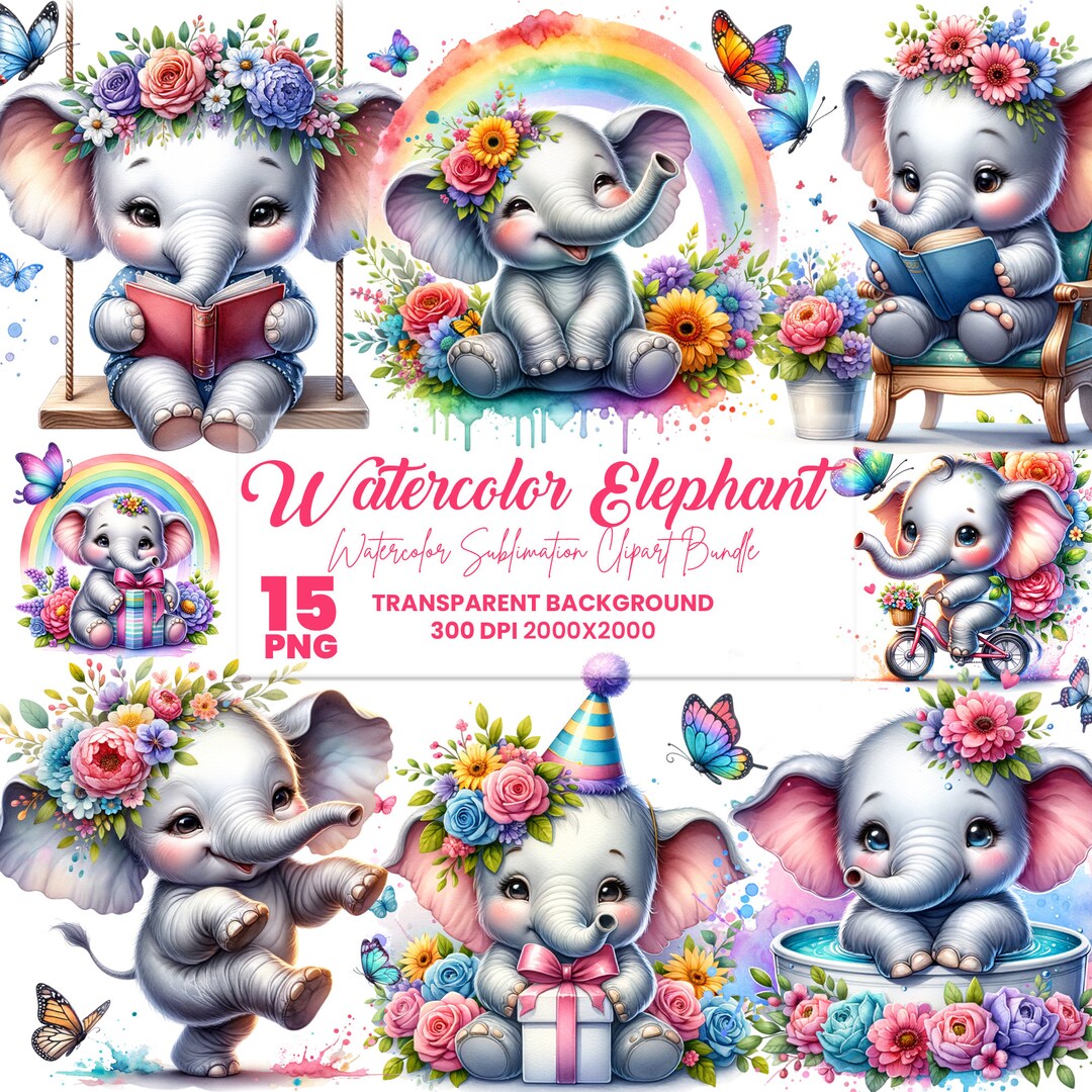 Watercolor Baby Elephant Clipart: Floral PNG Bundle (digital Download ...