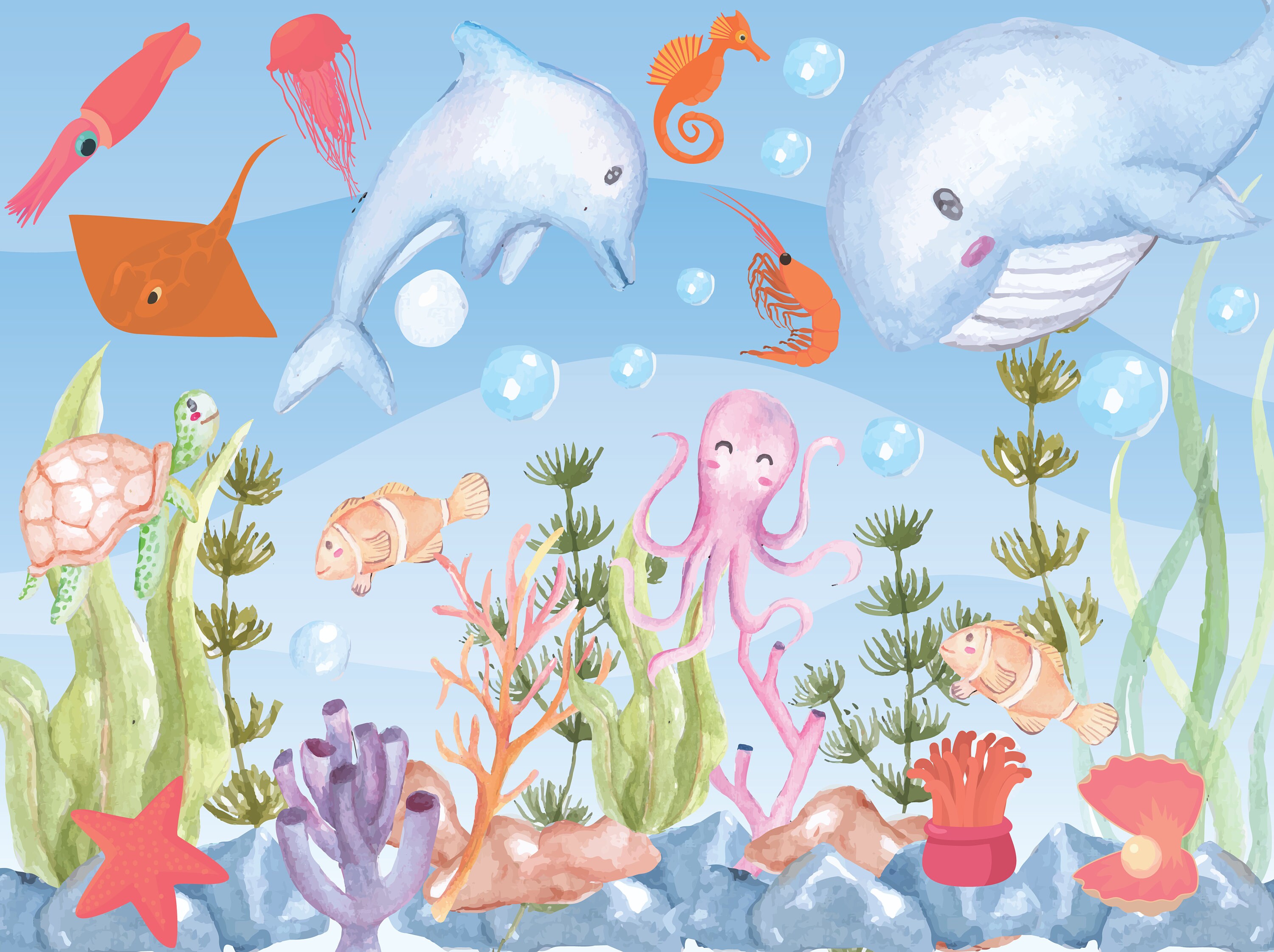 Sea Life Clipart Ocean Life Cliparts Ocean Animals Clipart Watercolor ...