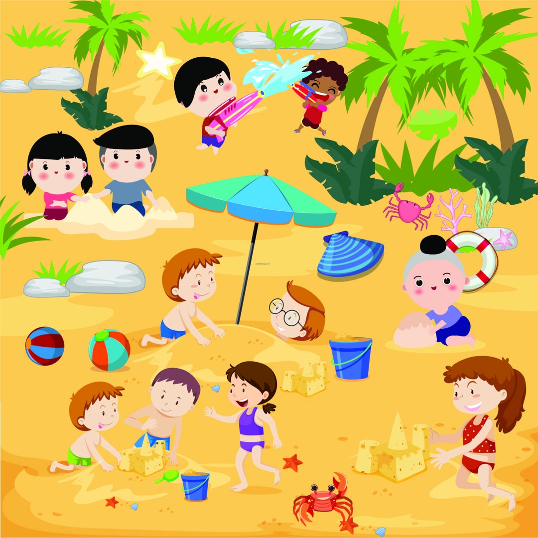 Sandcastles Clipart, Summer Holiday Kids Playing in Beach Clip Art ...