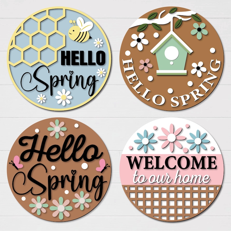 Hello Spring Door Hanger SVG Bundle | Round Welcome Sign Glowforge ...