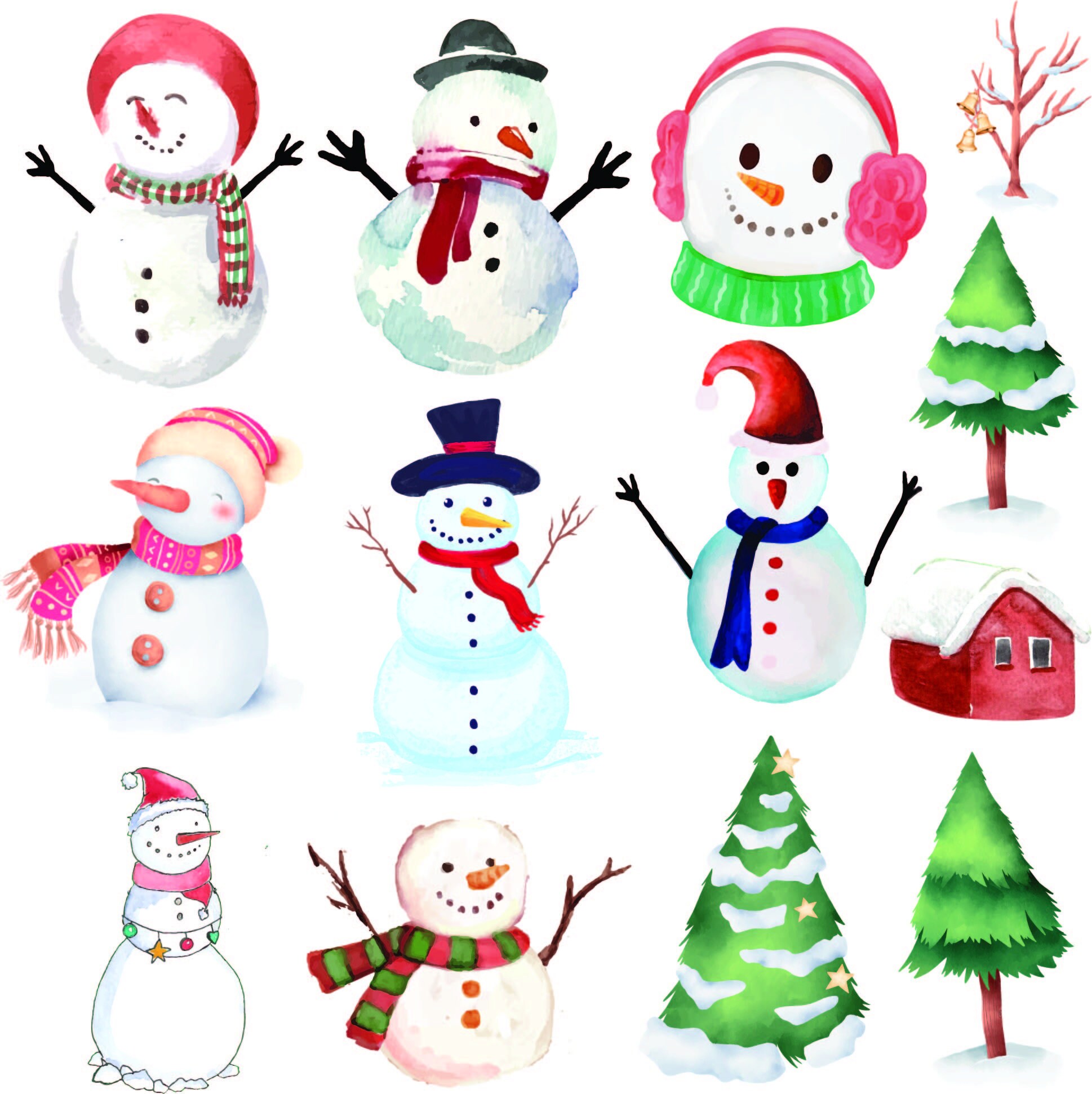 Christmas Snowman Clipart Watercolor Holidays Winter Snowmen - Etsy