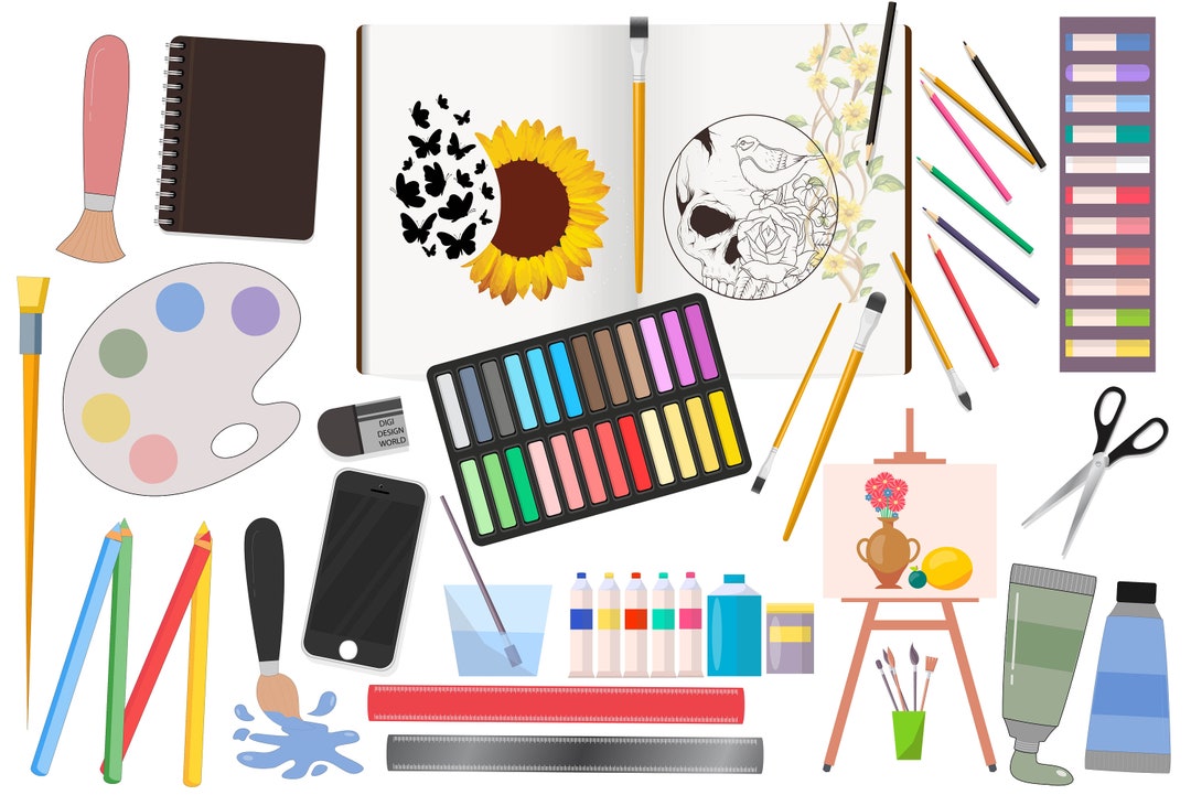 Watercolor Art Supplies Clipart: School Painting Graphics (digital ...