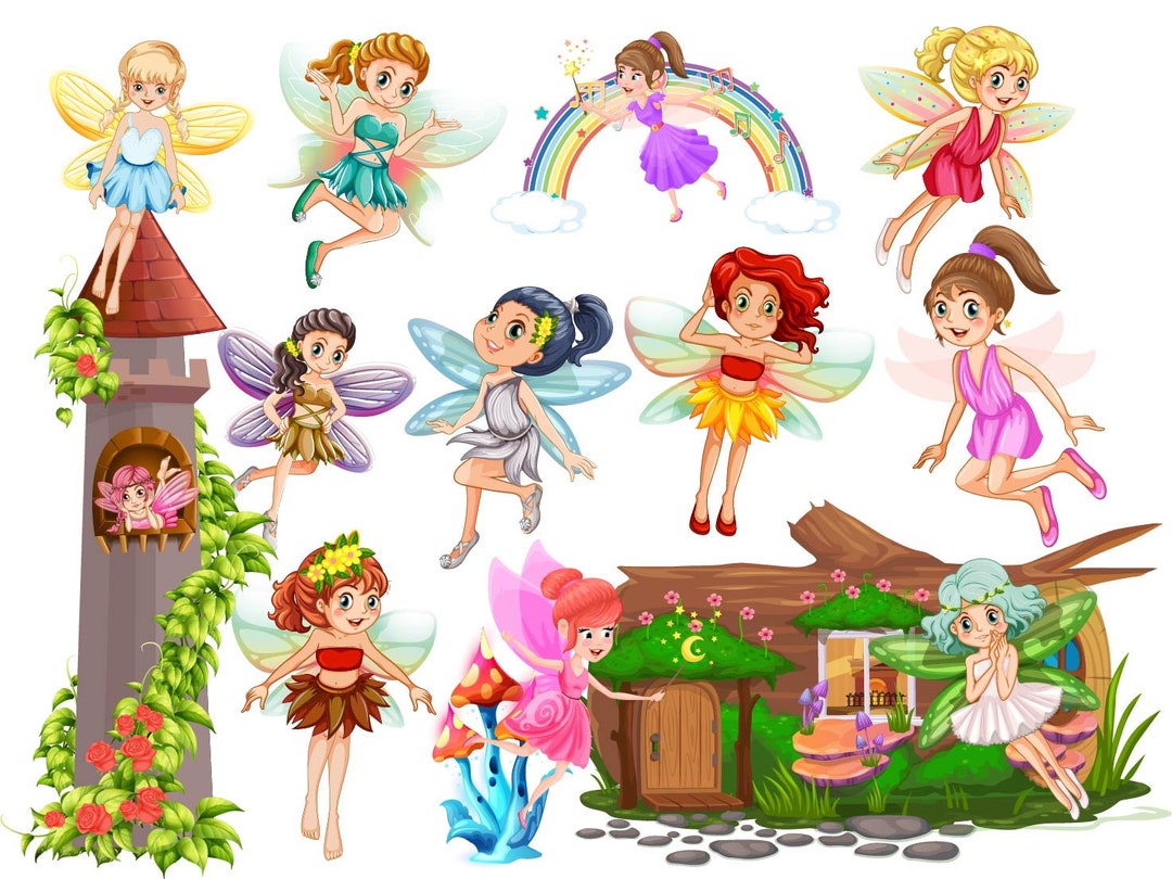 Fairy Princess Clipart, Cute Fairies Castle Design Art Set, Digital Magic Fairies Cartoon, Fairy ...