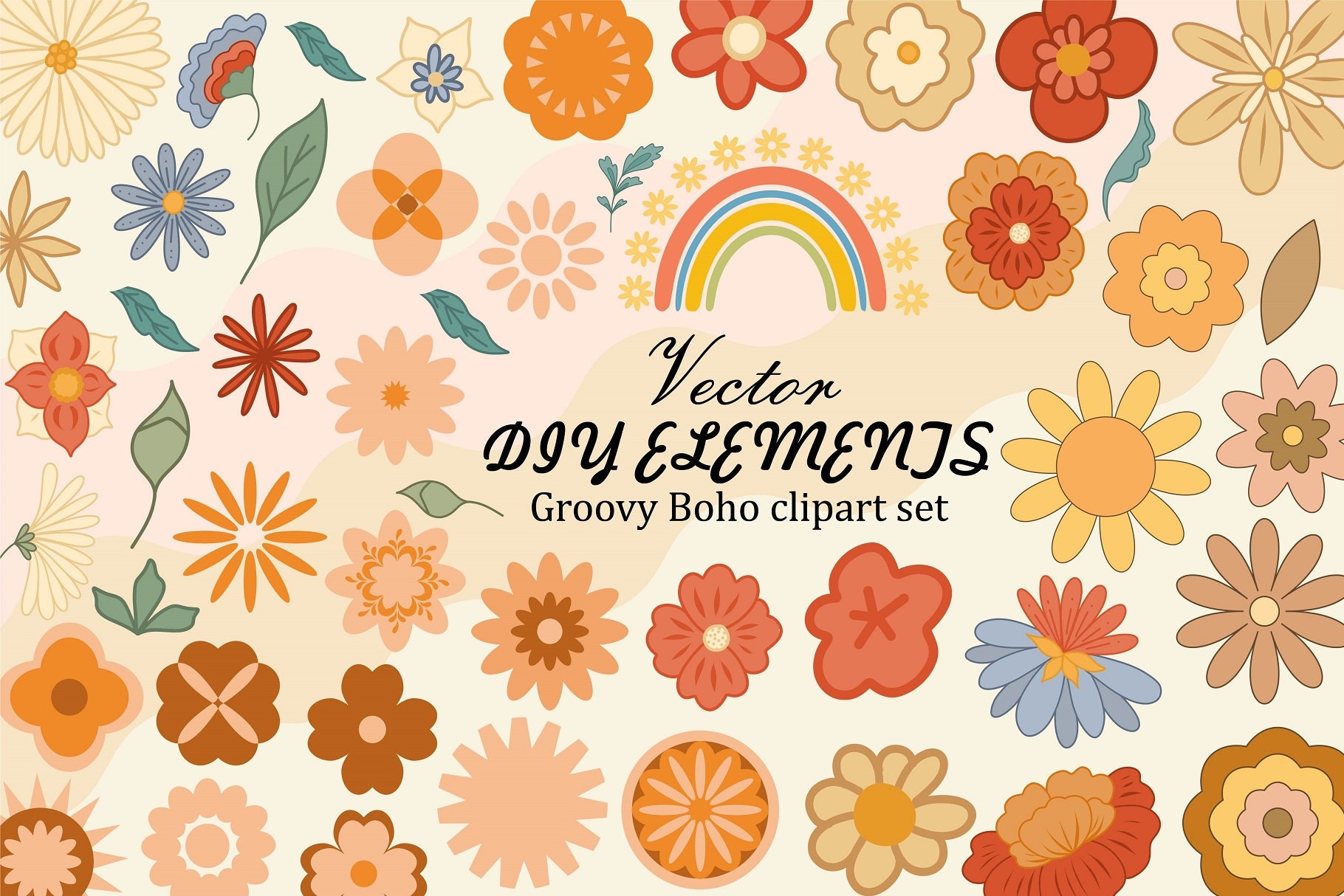 Flowers Clipart Groovy Boho Botanical Flowers Clip Art - Etsy