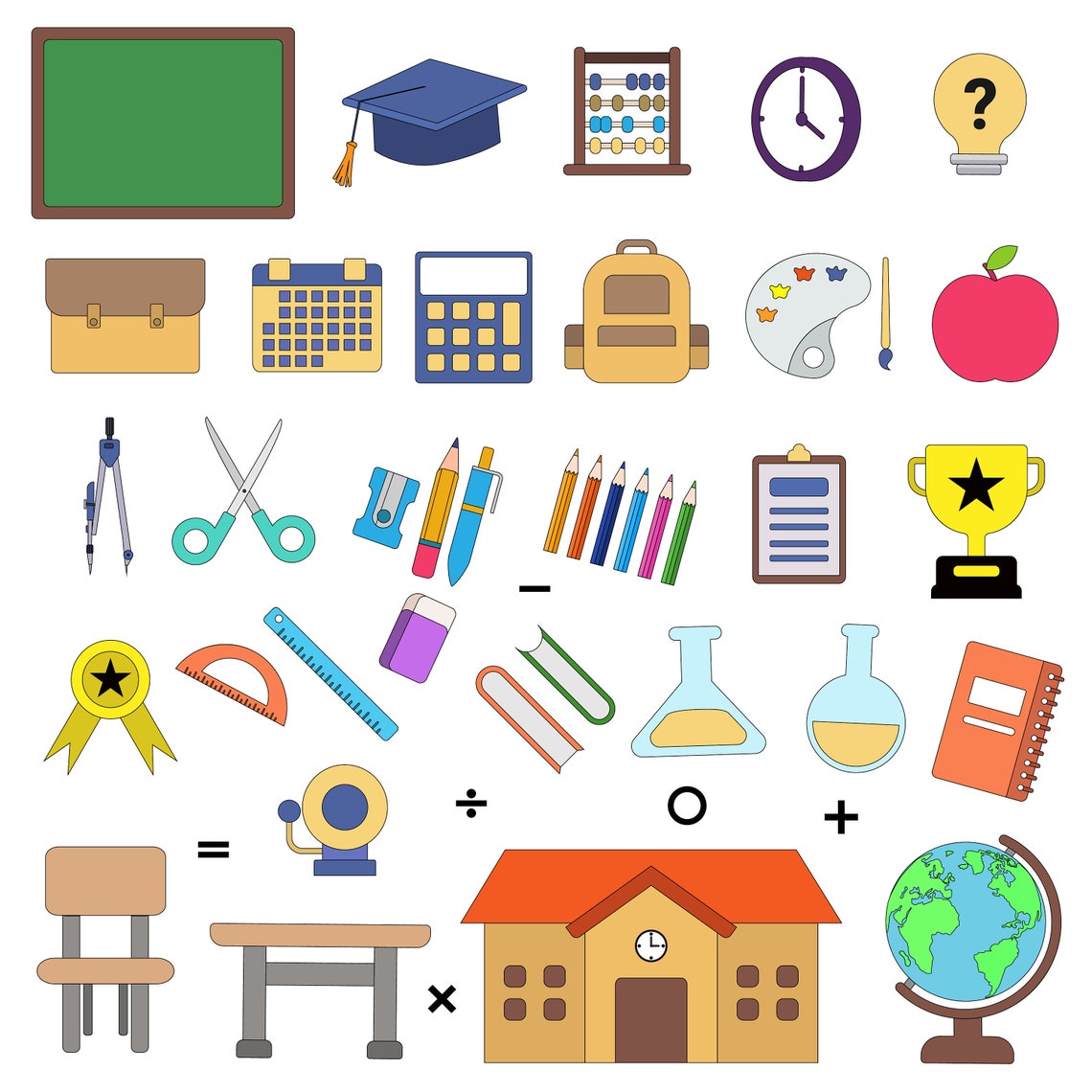 School Supplies Clipart Kids School Design Art Instant - Etsy