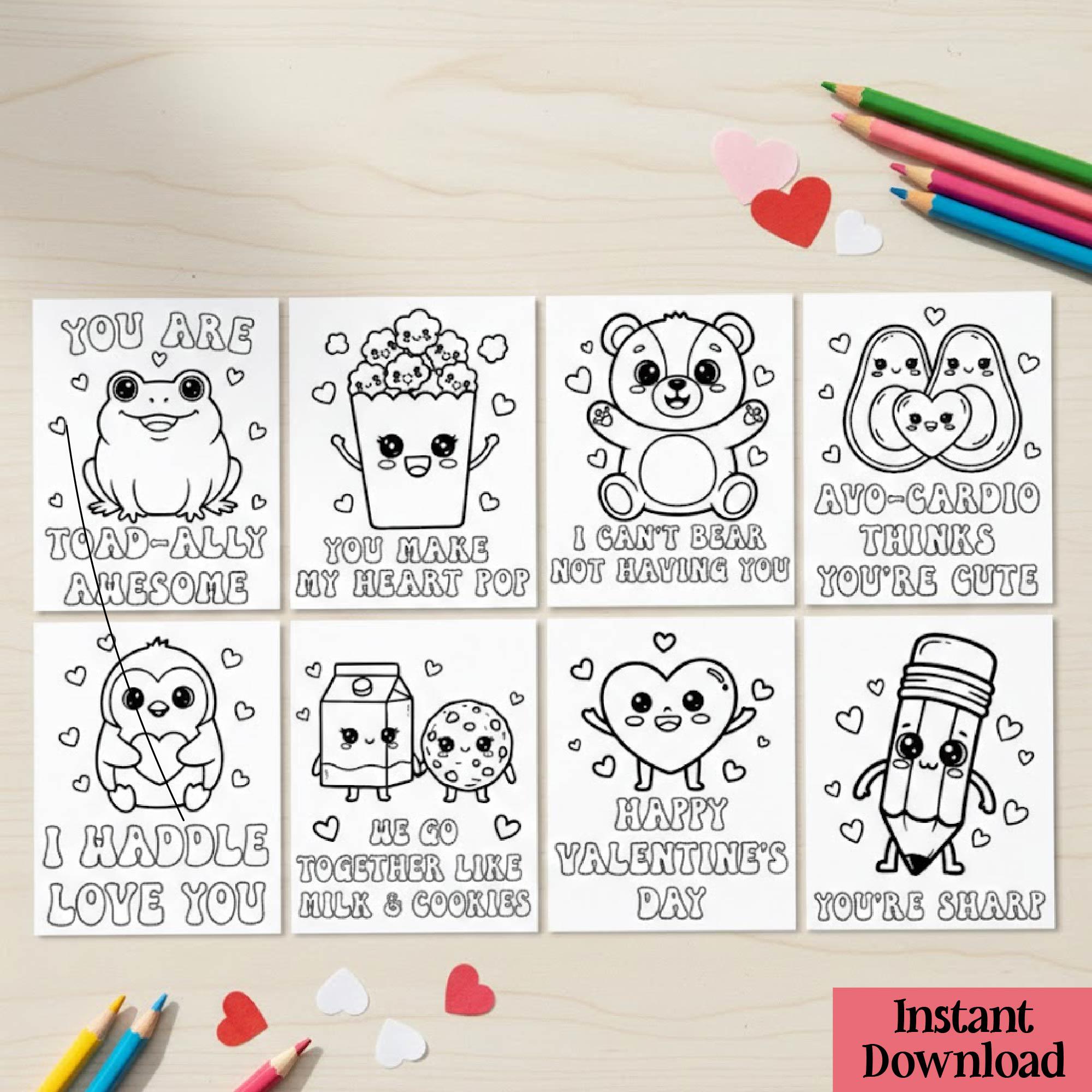 Kawaii Valentine Coloring Cards for Kids | Printable Classroom ...