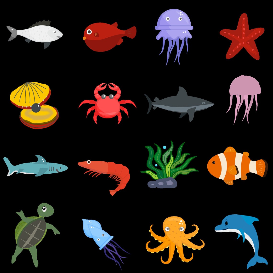 Sea Animal Clipart, Cute Sea Animals Digital Design, Undersea Clipart ...