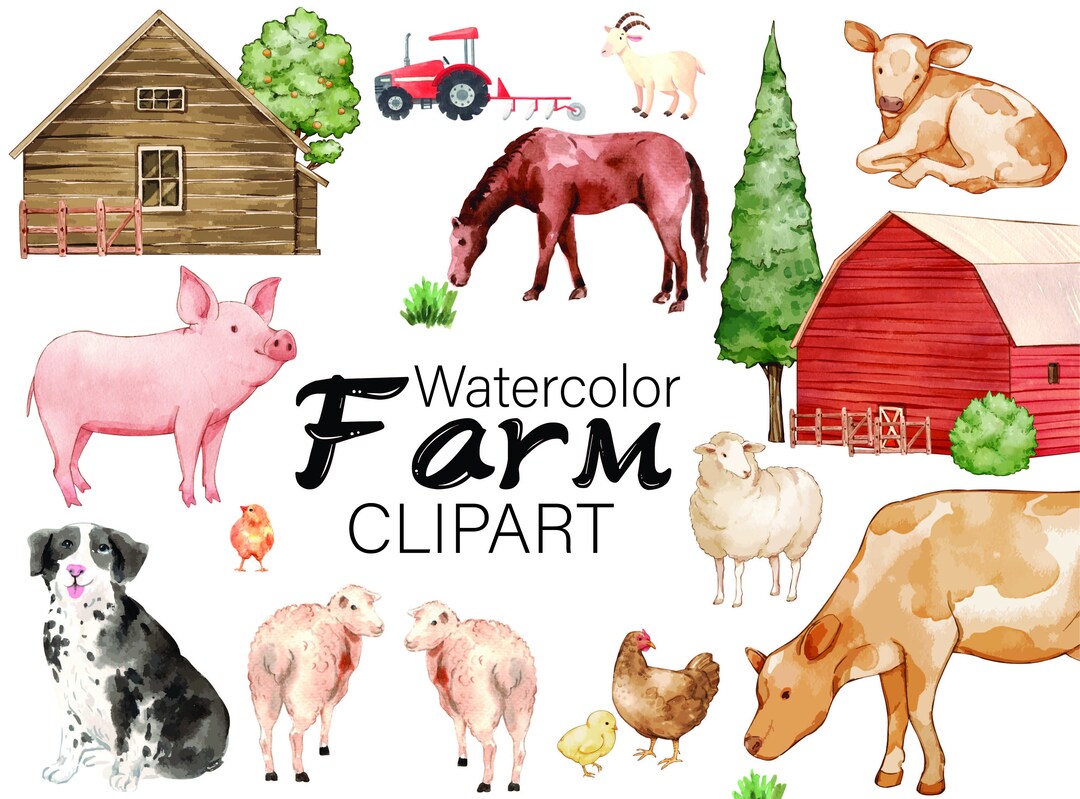 Watercolor Farm Animals Clipart Digital Farmyard Animals, Sheep, Cow ...