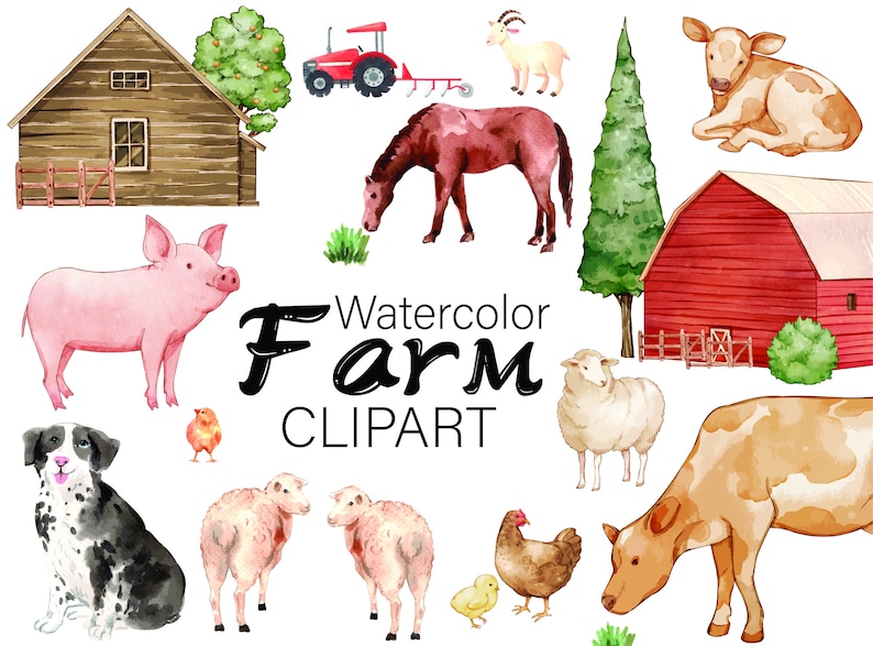 Watercolor Farm Animals Clipart Digital Farmyard Animals - Etsy UK