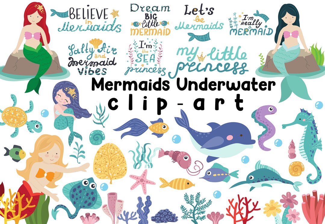 Under the Sea Mermaid Clipart, Mermaid Watercolor Clipart, Cute Sea ...