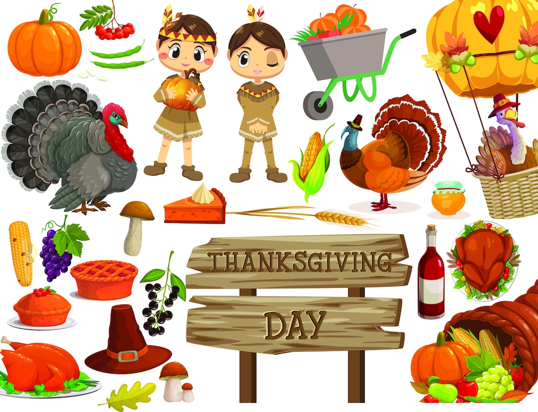 Colorful Thanksgiving Clipart, Thanksgiving Dinner, Pumpkins, Turkey ...