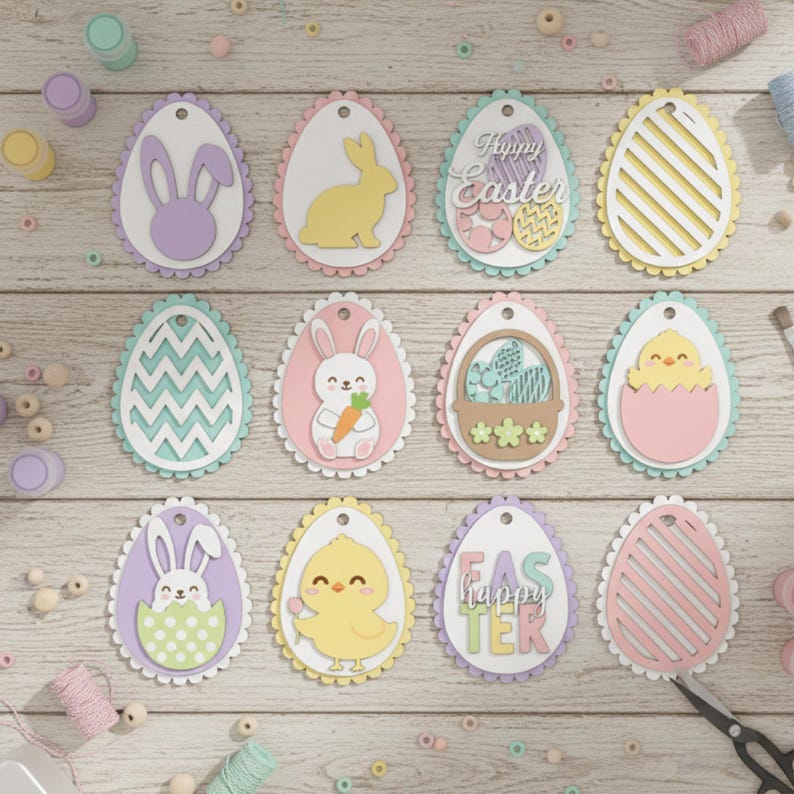Easter Ornaments SVG Bundle, Layered Easter Egg Tags, Bunny & Chick ...
