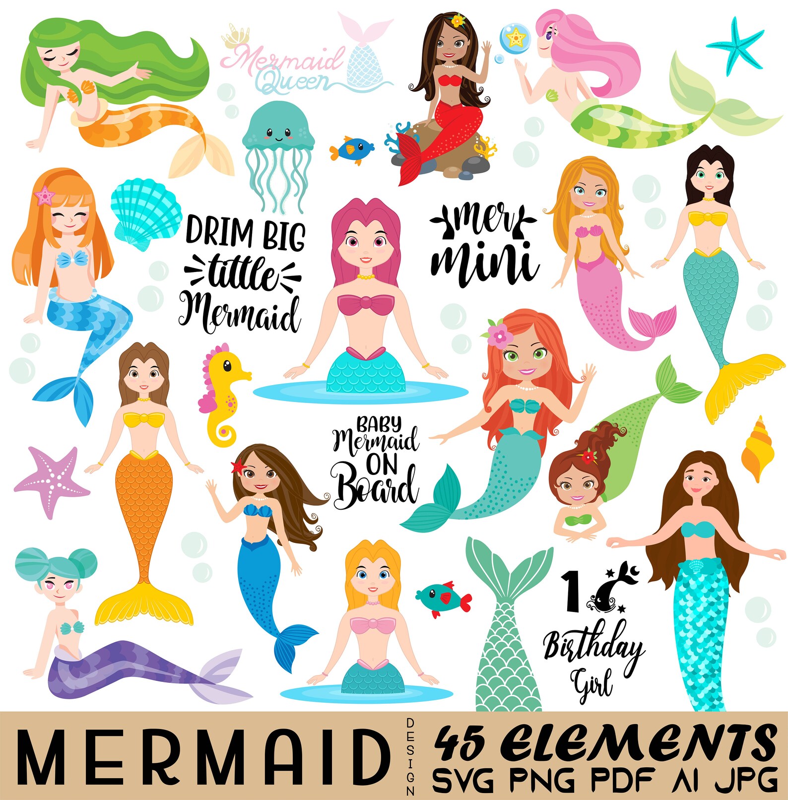 Watercolor Mermaid Clipart Mermaid SVG Bundle Underwater - Etsy