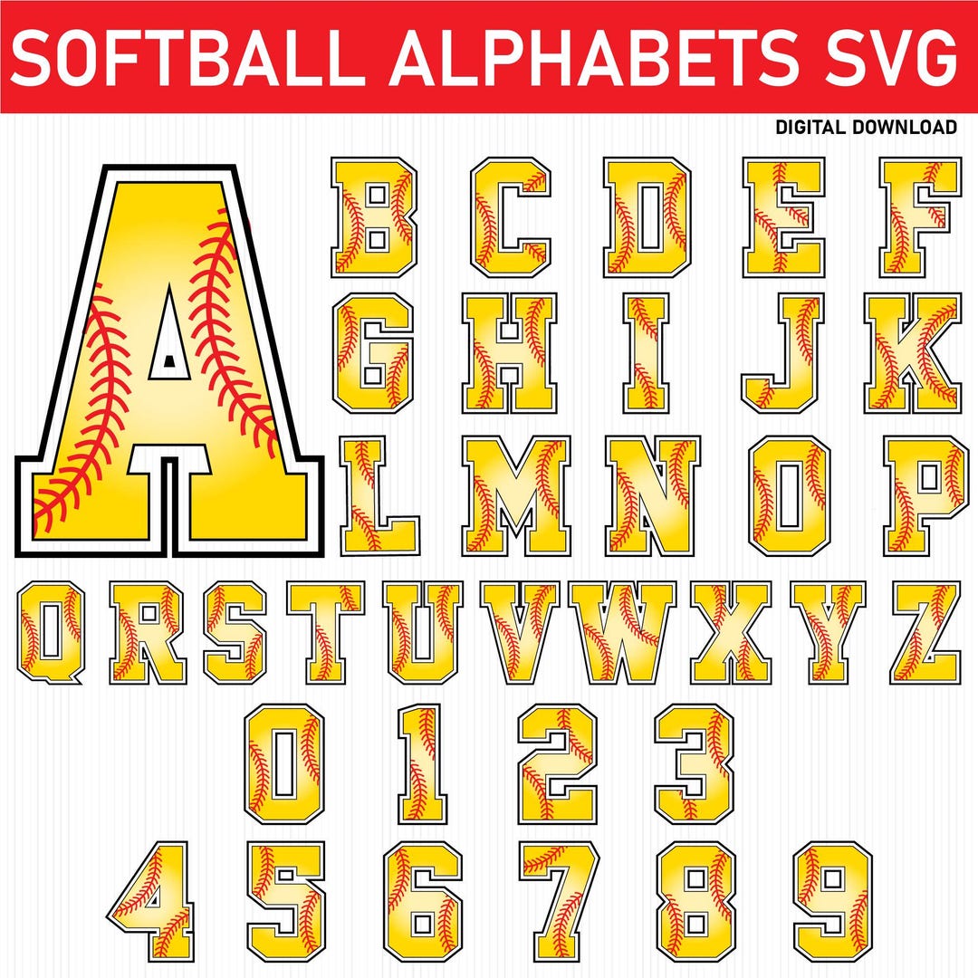 Softball Letters and Numbers Svg Bundle, Softball Font PNG, Varsity ...