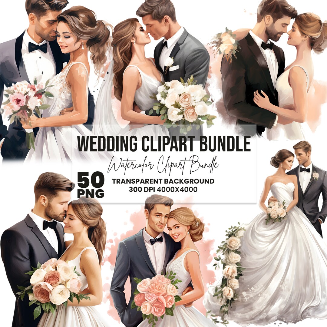Watercolor 50 Wedding Couple Clipart, Bride and Groom Clipart, Wedding ...