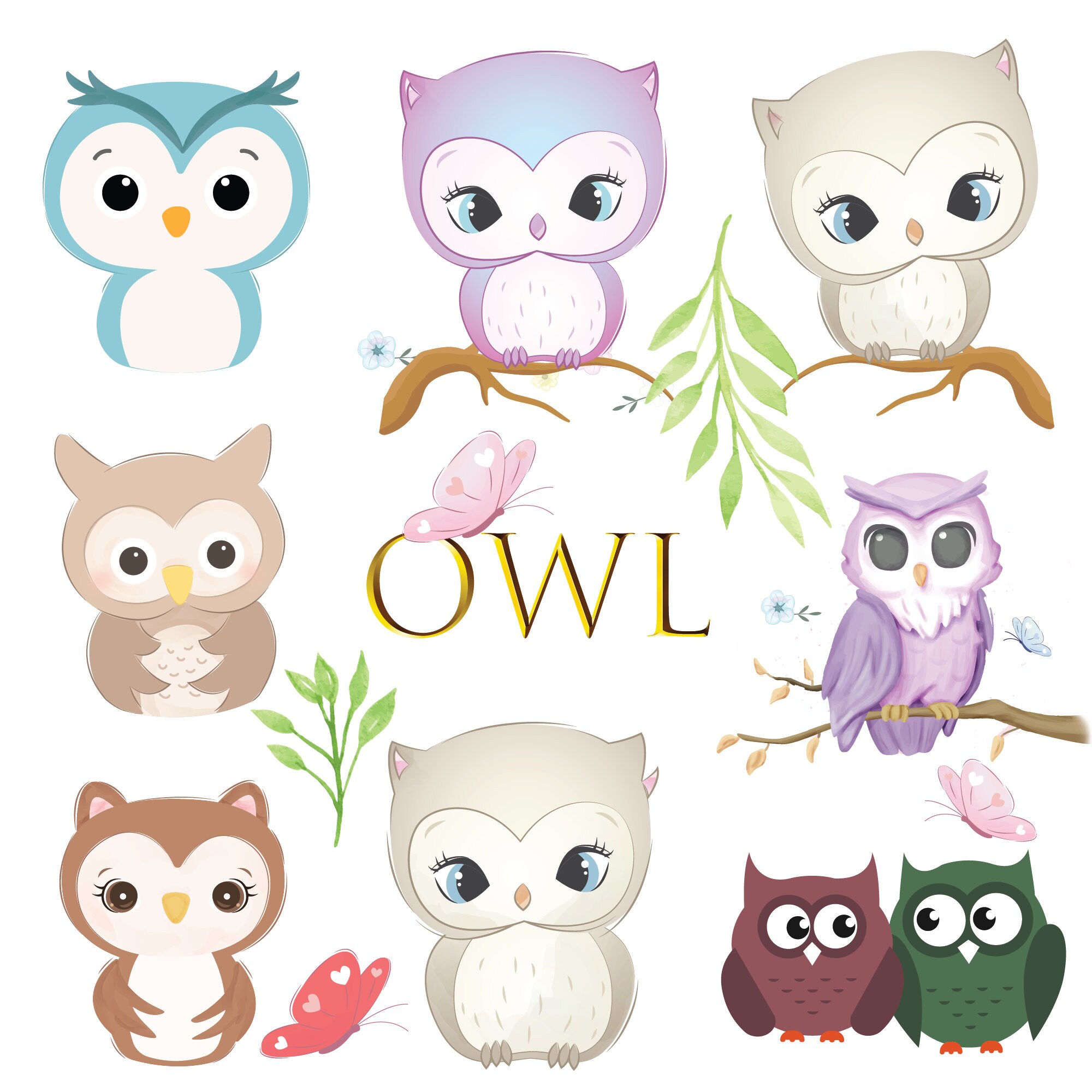 Cute Cartoon Baby Owls