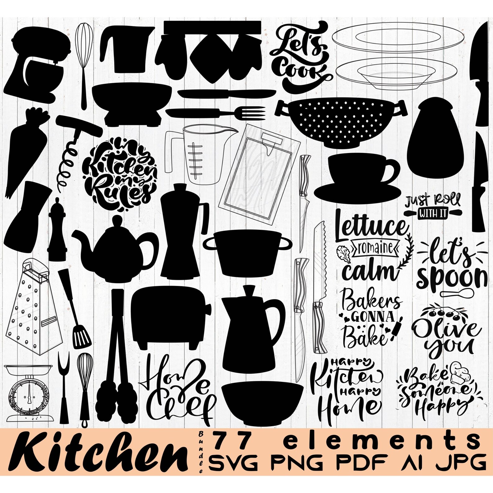 Kitchen Utensils Kitchen Clipart Set Instant Download Floral Frame Chef ...