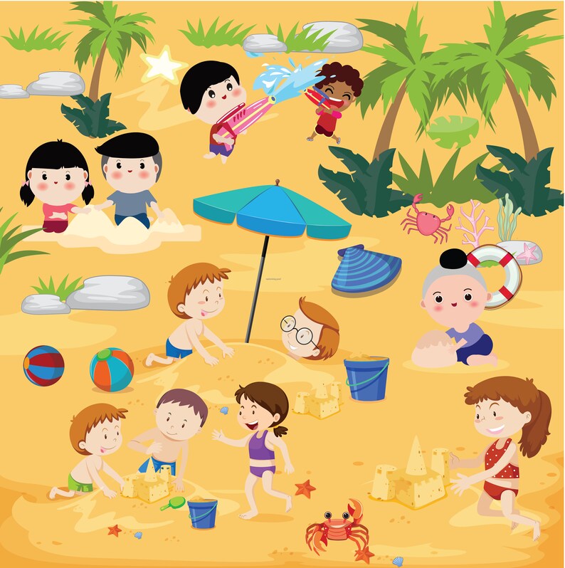 Sandcastles Clipart, Summer Holiday Kids Playing in Beach Clip Art ...
