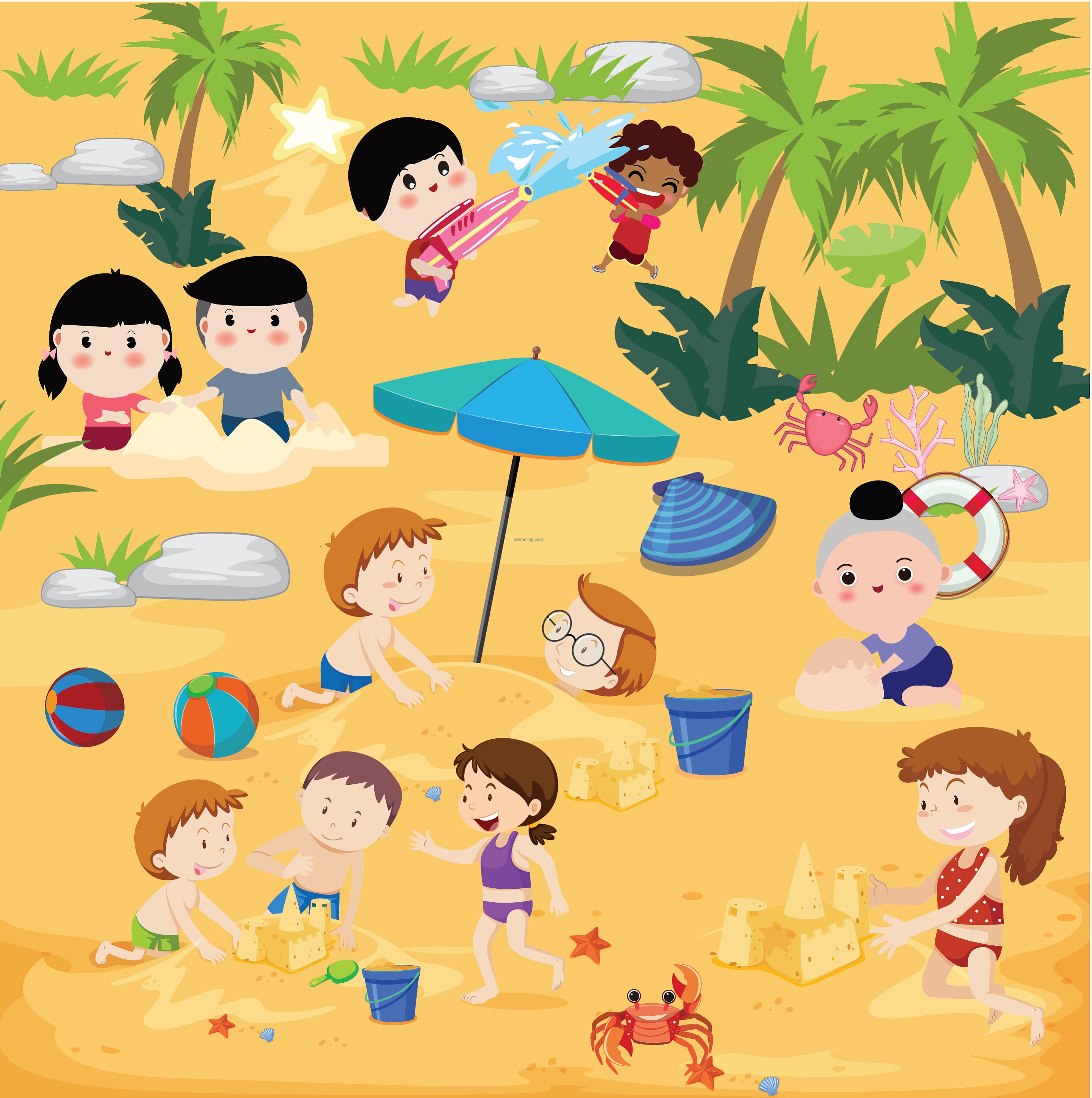 Sandcastles Clipart, Summer Holiday Kids Playing in Beach Clip Art ...
