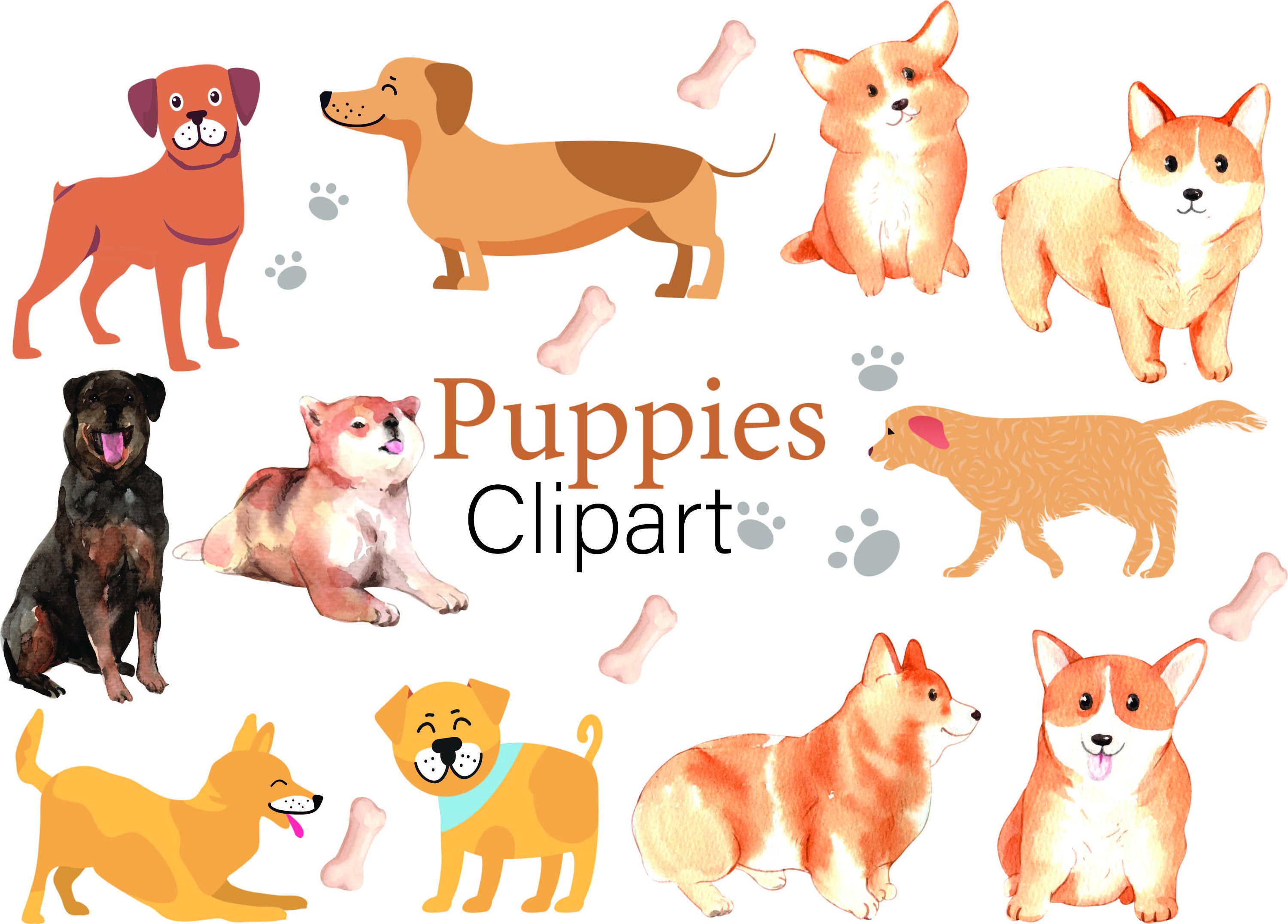 Puppy Dog Clipart Cute Puppies Graphic Art Digital Dogs - Etsy