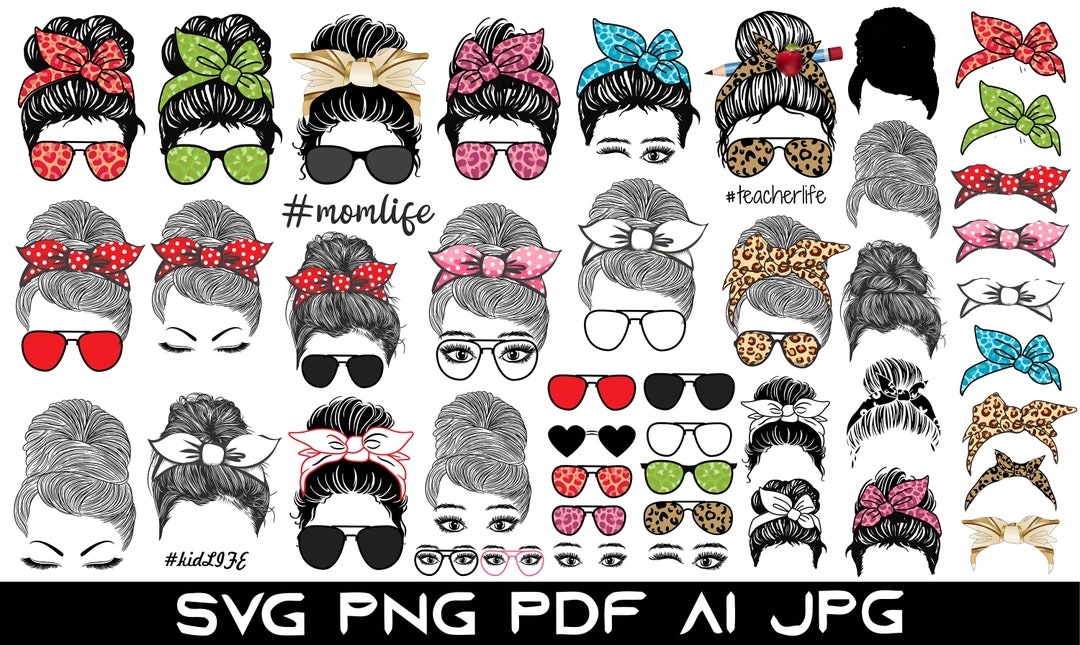 Messy Bun SVG Bundle, Mom Life Bundle, Messy Bun With Glasses Svg ...