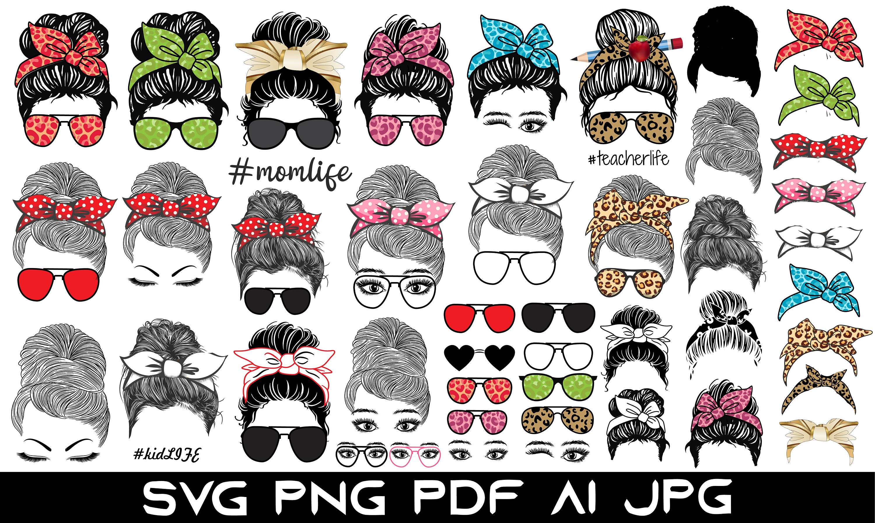 Messy Bun Svg Bundle Mom Life Bundle Messy Bun With Glasses Etsy