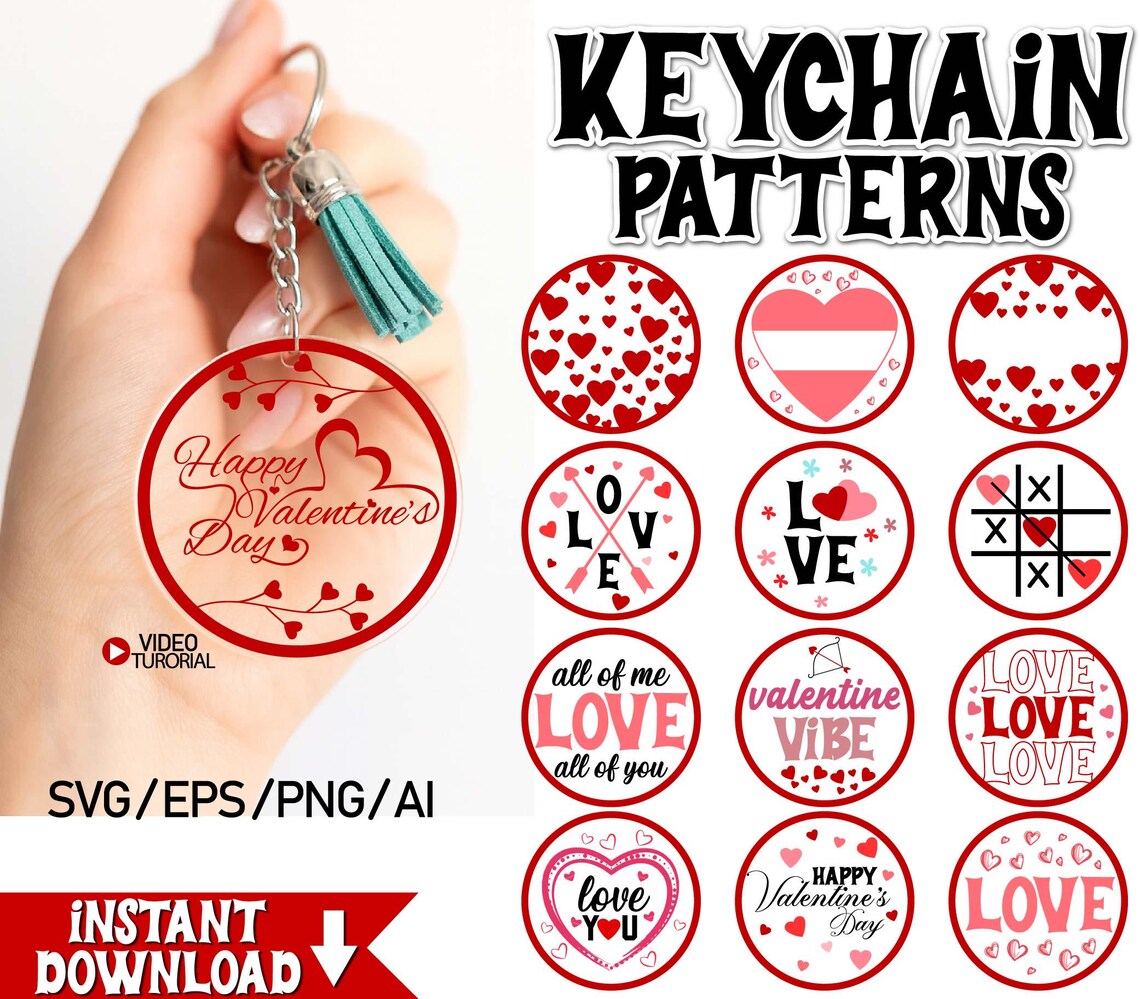Valentine Keychain SVG Bundle, Round Love Keychain Patterns (digital ...