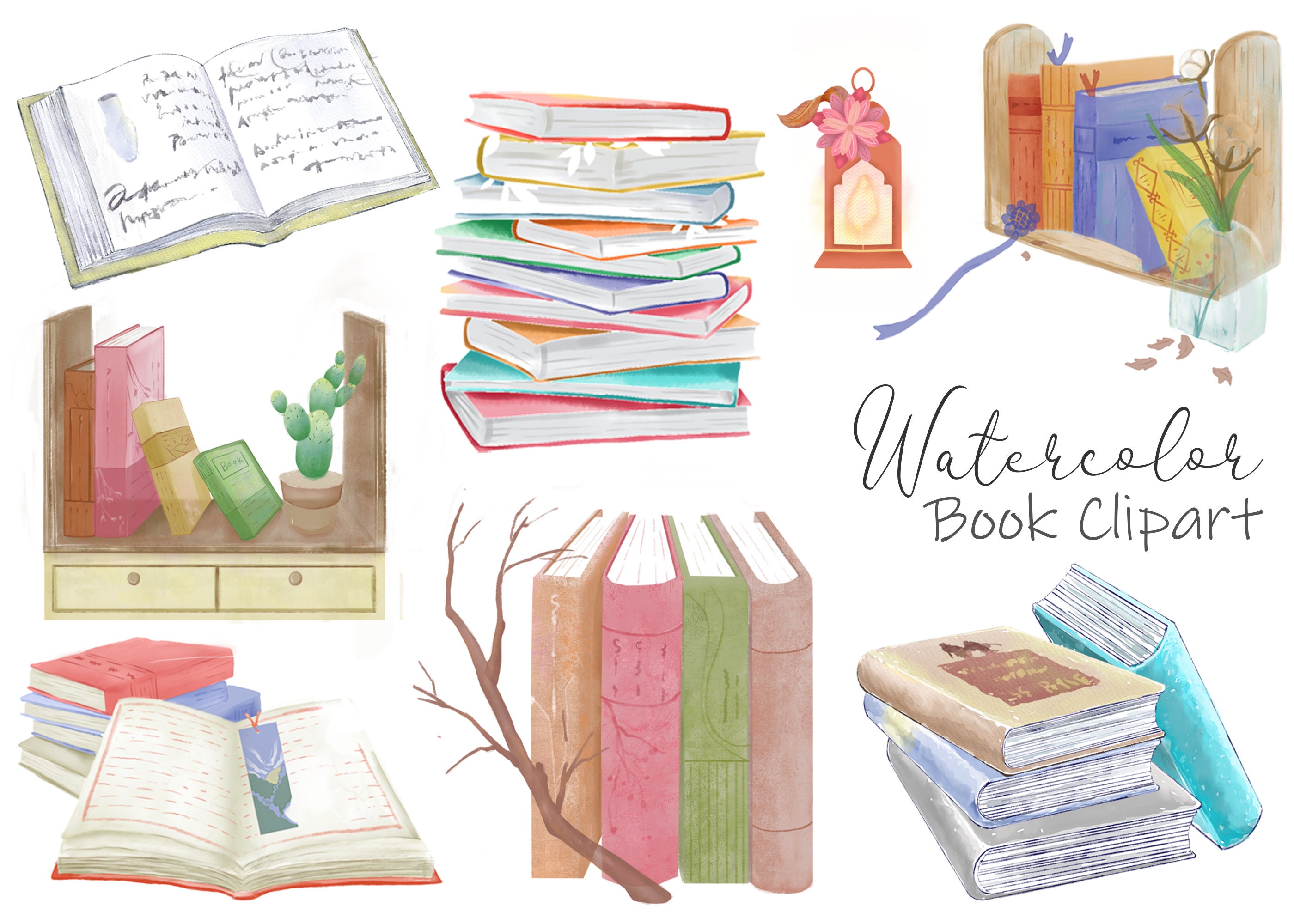 Watercolor Book Clipart Set, Vintage Books Library Graphics, Study ...