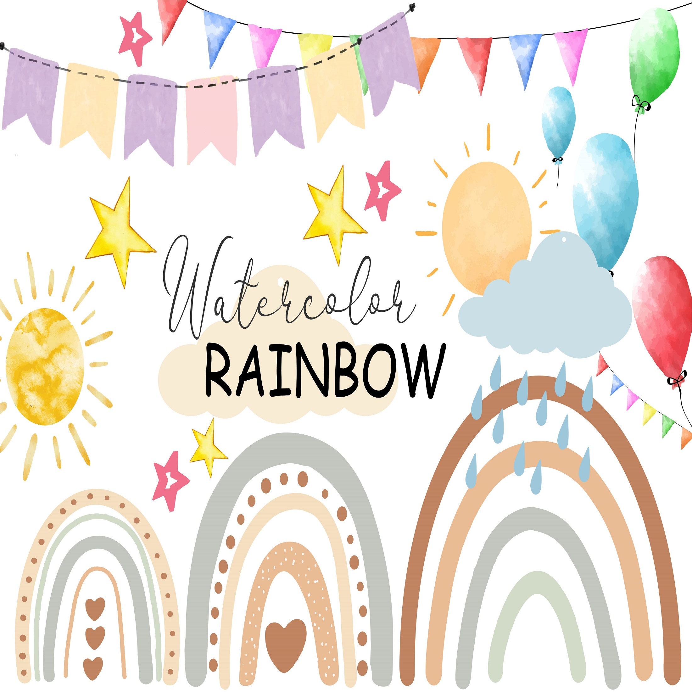 Rainbow SVG Bundle, Cloud, Weather Svg, Watercolor Rainbow Clipart Set ...