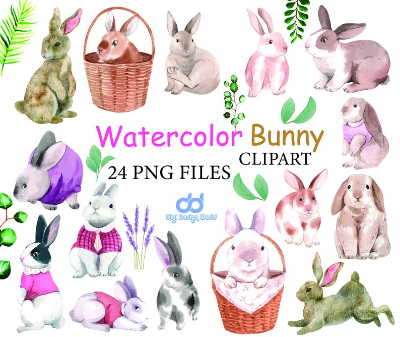 Watercolor Bunny Clipart Cute Rabbit Graphics Woodland - Etsy