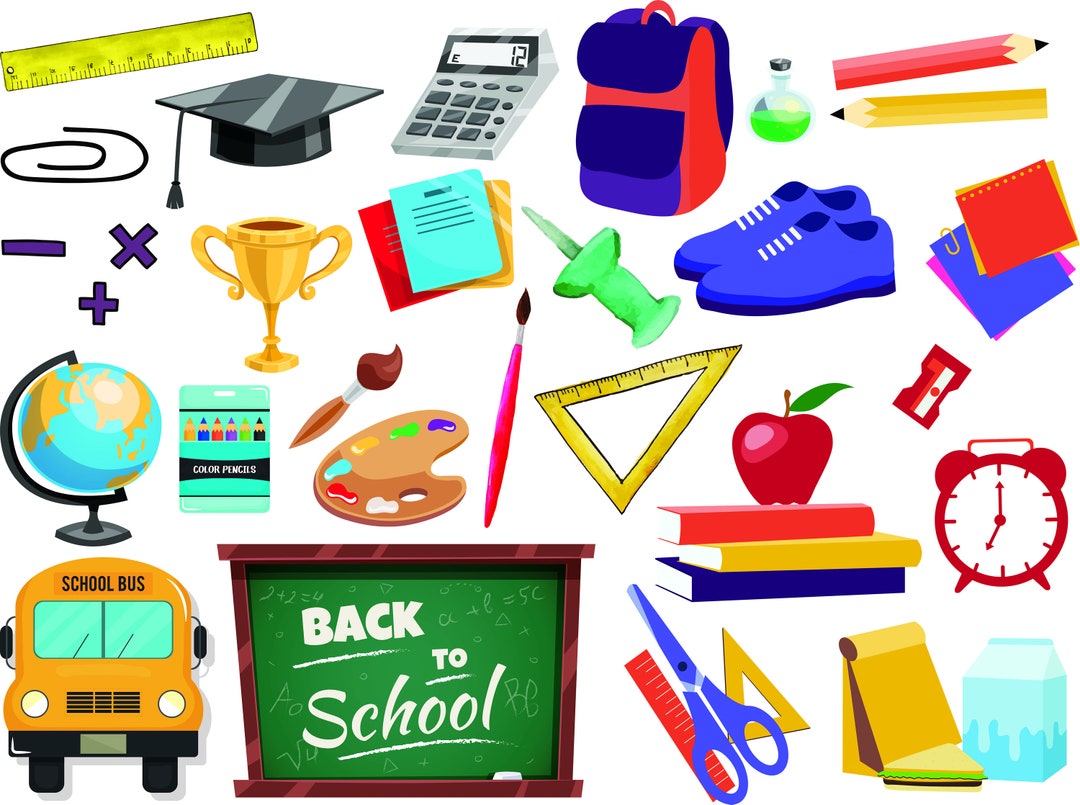 School Clipart Set, Educational School Supplies Graphic Arts, Back to ...