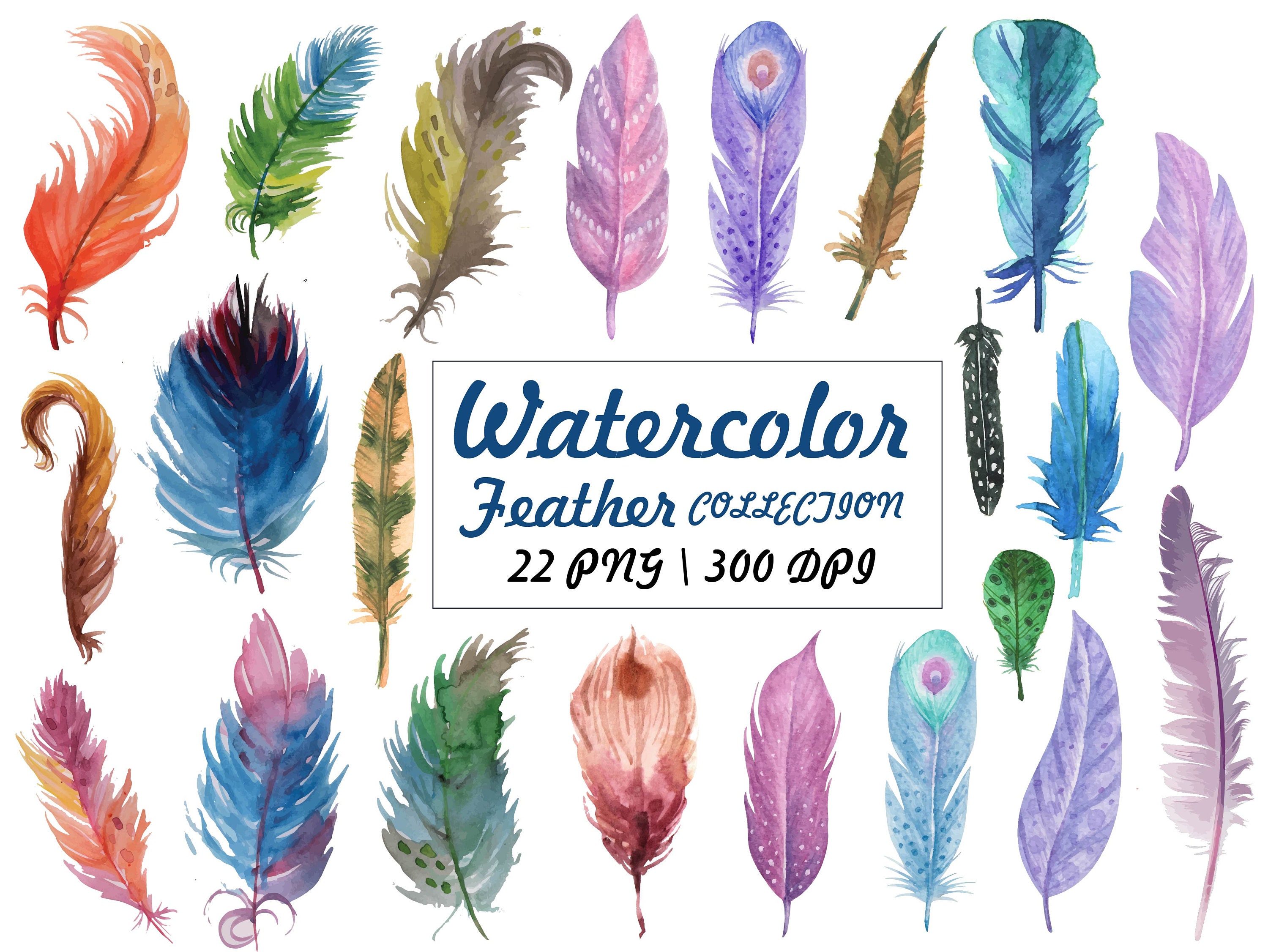 Watercolor Digital Feather Clipart Boho Colorful Feather - Etsy