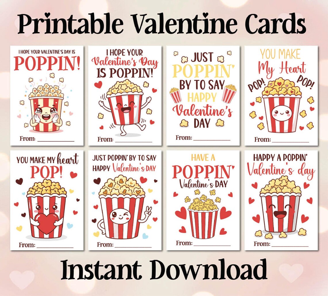 Popcorn Valentine Cards Printable, Funny Puns Classroom Valentines for ...