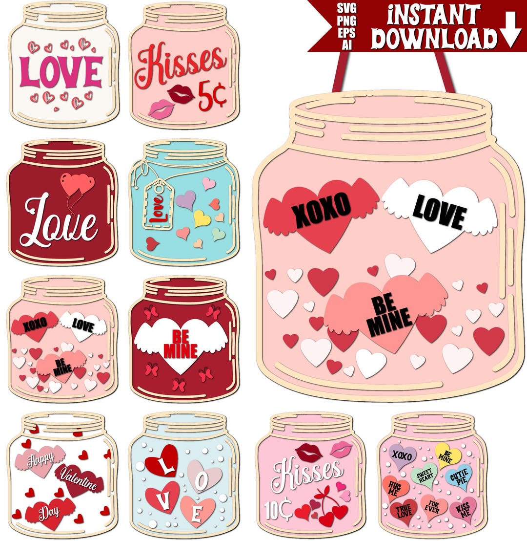 Valentine Mason Jar SVG Bundle, Love Candy Jar Cut Files (digital ...