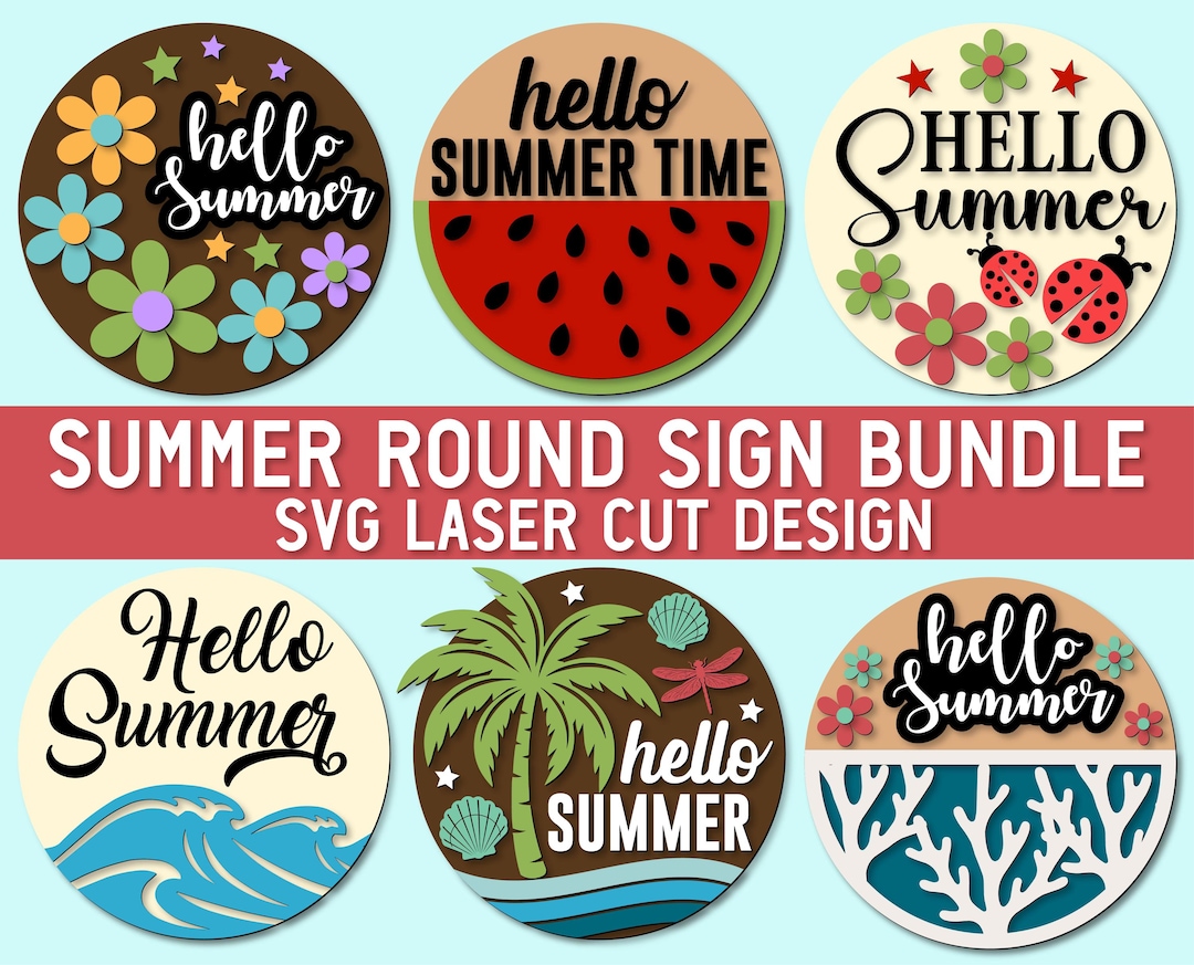 Hello Summer Round Sign SVG Bundle, Welcome Door Hanger Laser Cut Files ...