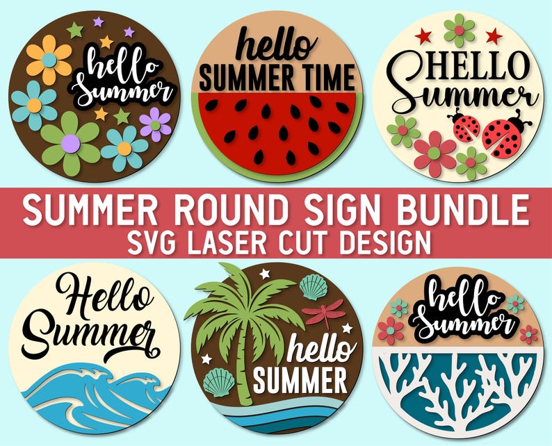 Hello Summer Round Sign SVG Bundle, Welcome Door Hanger Laser Cut Files ...