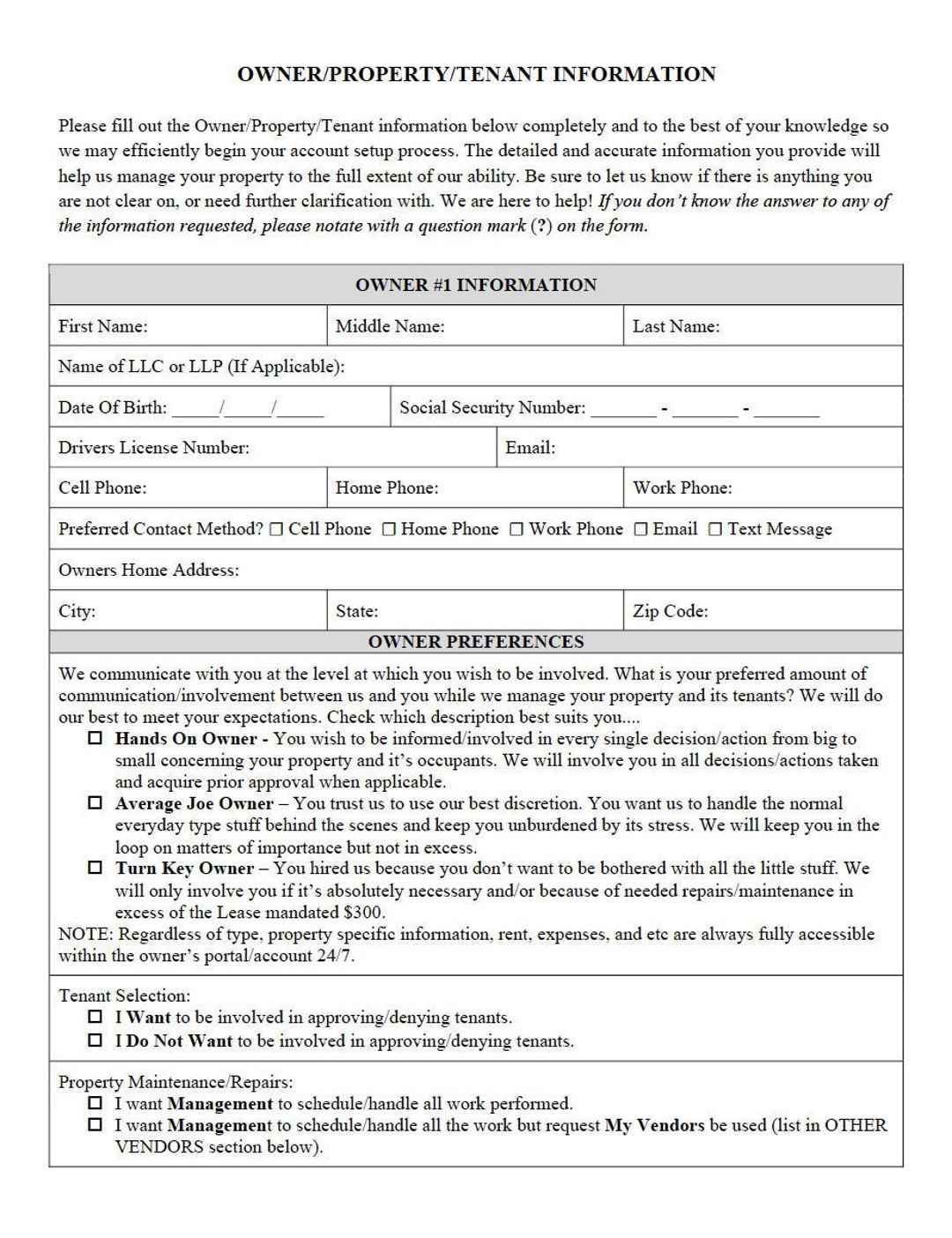 Owner, Property, & Tenant, Information Worksheet: Property Management ...