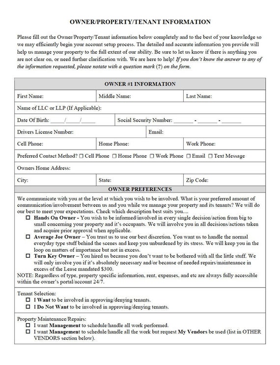Owner Property & Tenant Information Worksheet: Property | Etsy