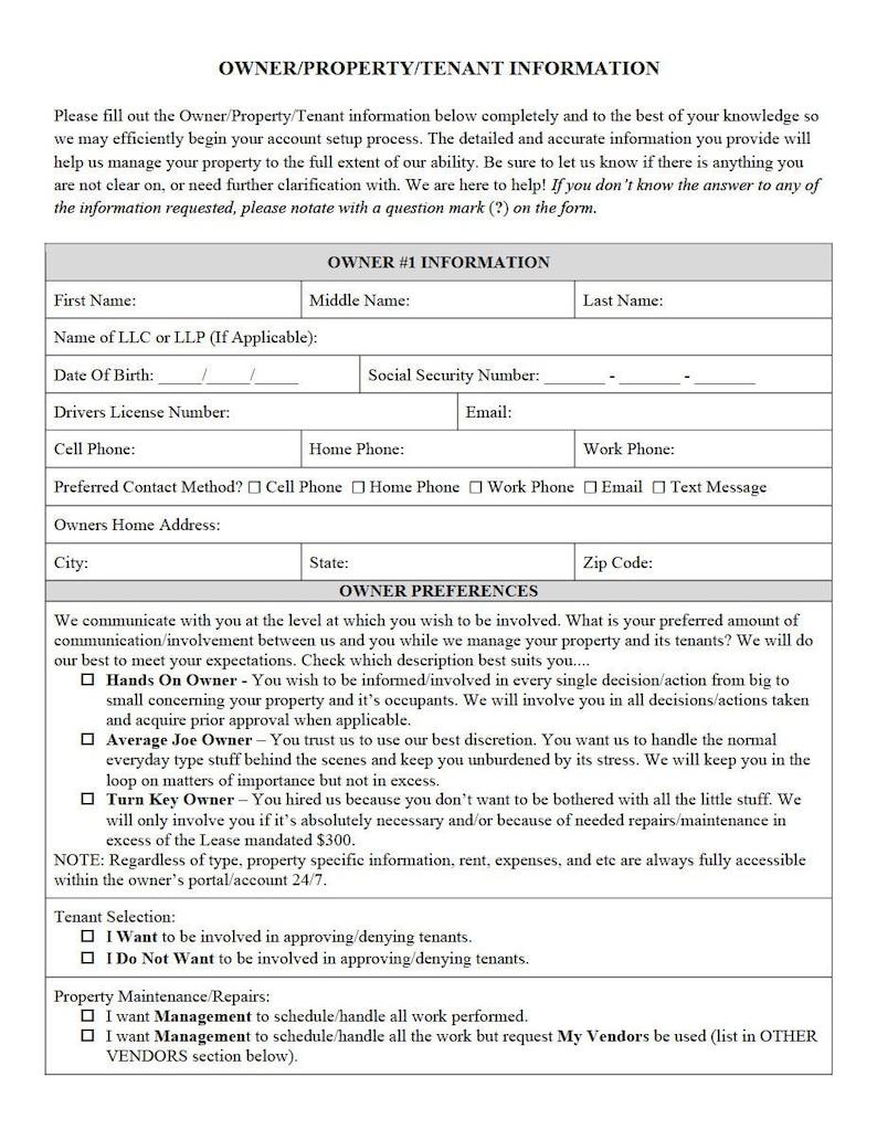 Owner, Property, & Tenant, Information Worksheet: Property Management ...